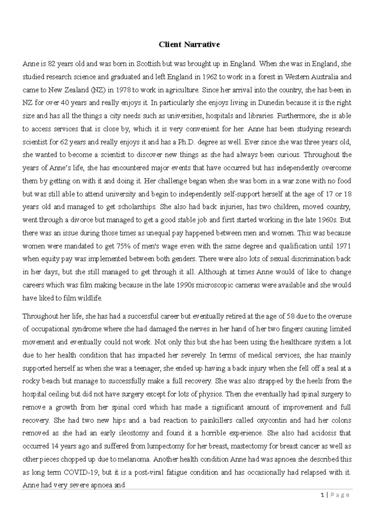 Well Health in the Community - Client Narrative example - Client ...