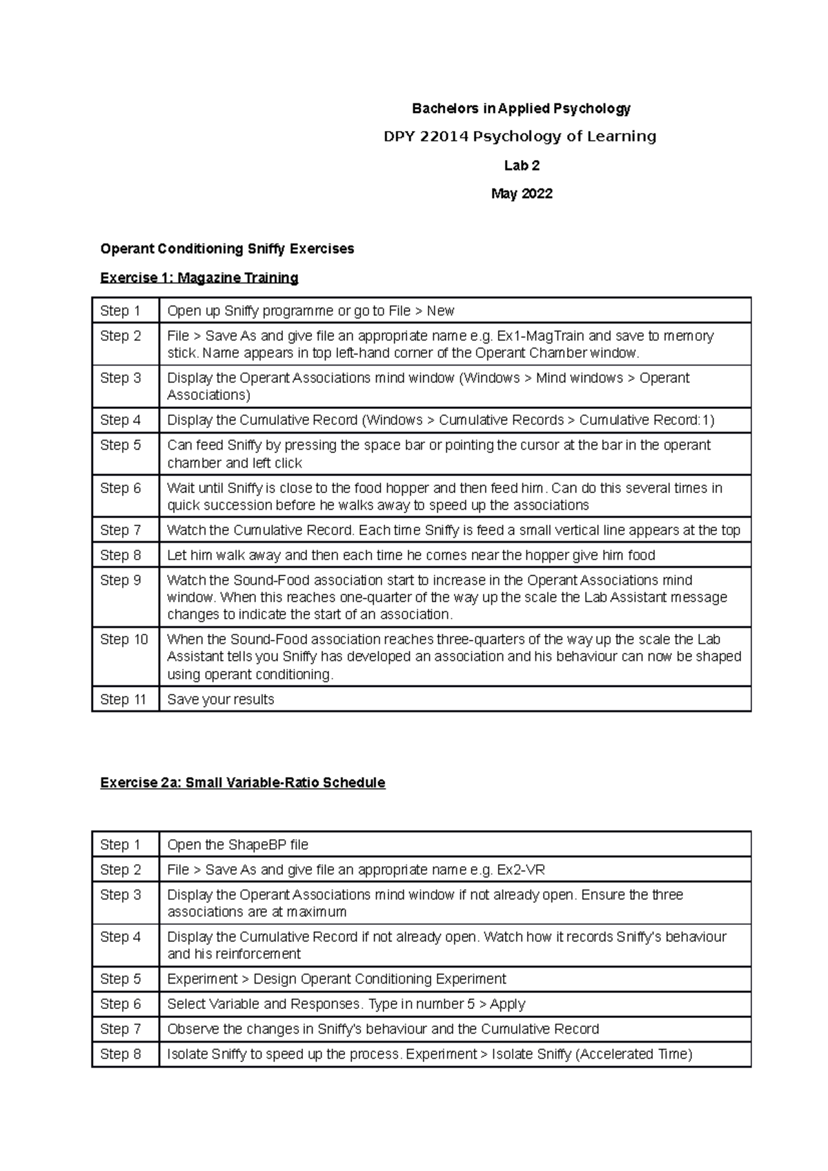 Lab 2 - Sniffy - Bachelors in Applied Psychology DPY 22014 Psychology ...