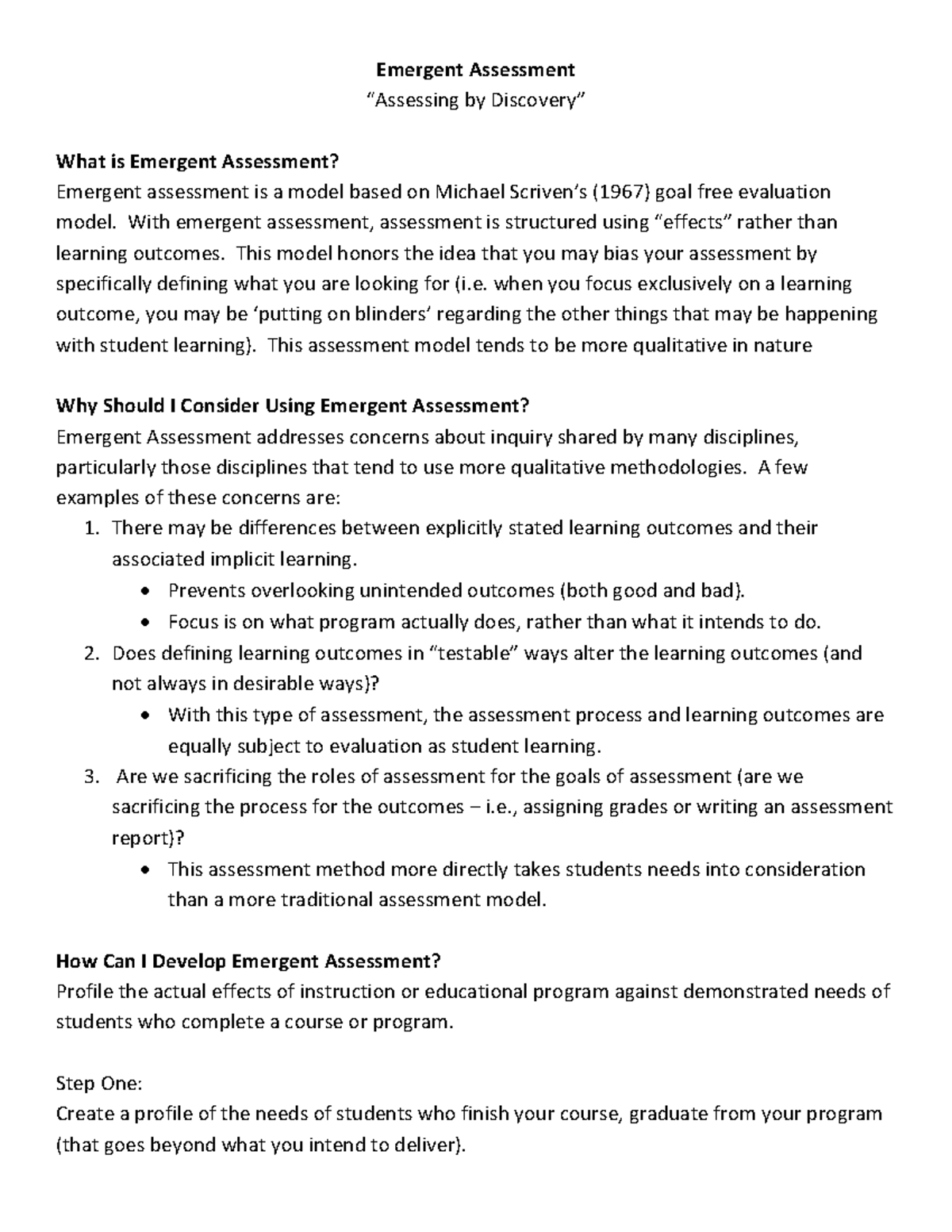 Emergent Assessment Information Sheet - Emergent Assessment “Assessing ...