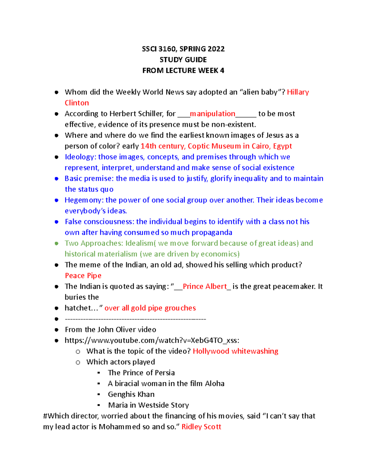 Study guide 4 - SSCI 3160, SPRING 2022 STUDY GUIDE FROM LECTURE WEEK 4 ...