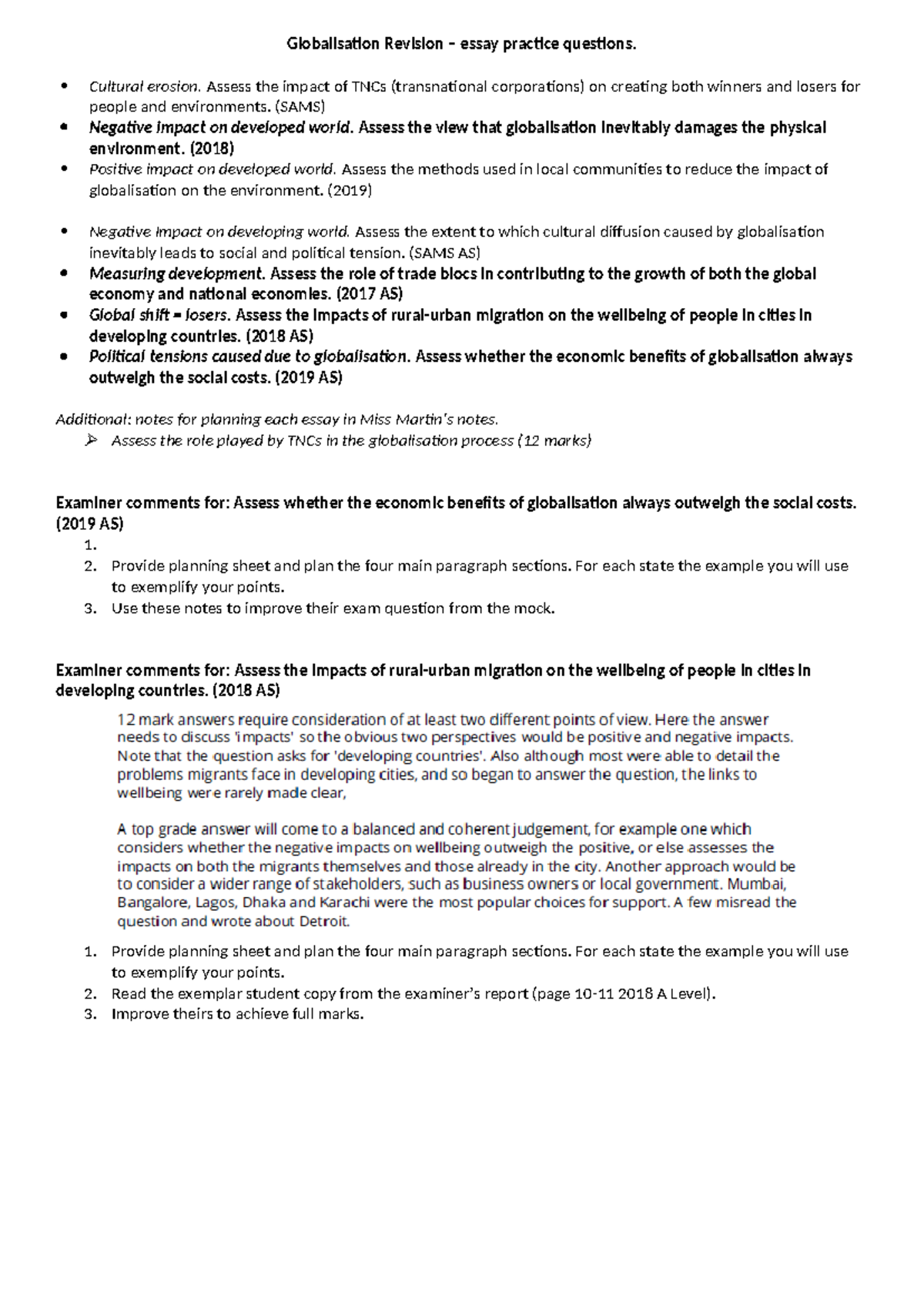 Tuesday Exam question practice - Globalisation Revision – essay ...