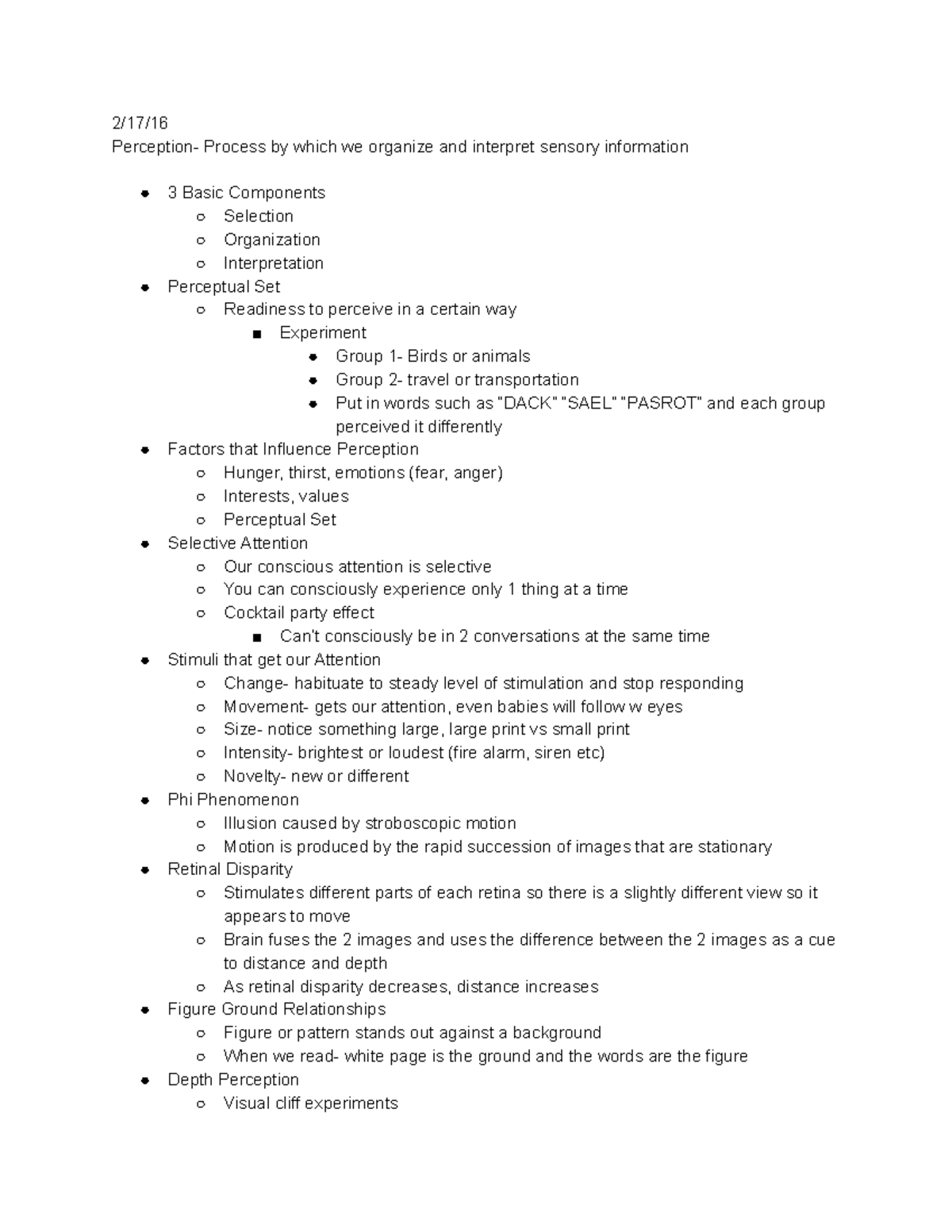 Perception - class notes - PSY 1000 - Villanova - Studocu