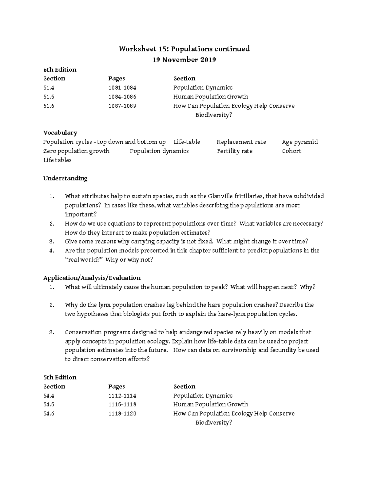 Worksheet 15 copy - Biology - Worksheet 15: Populations continued 19 ...