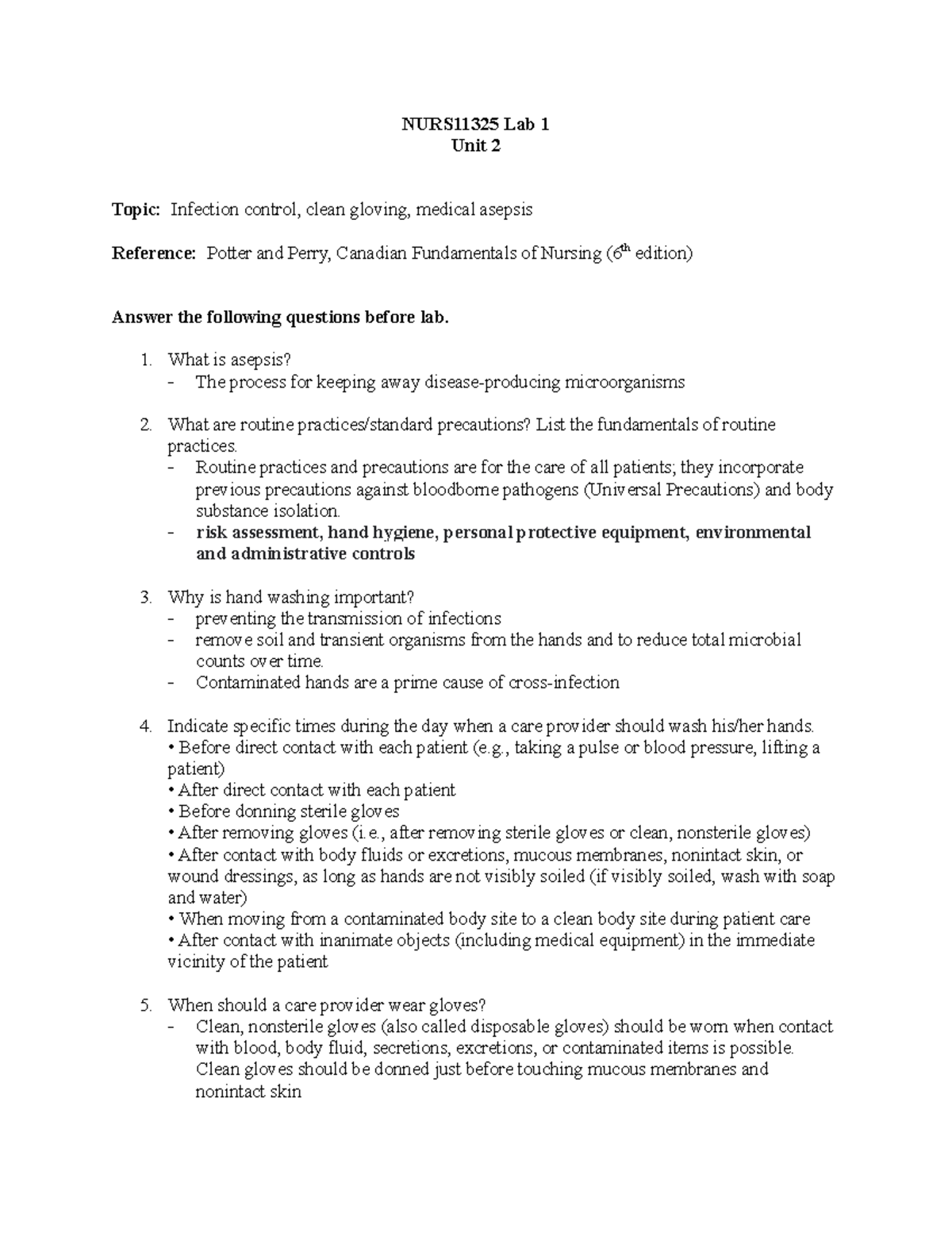 Infection Control pre-lab reading - NURS11325 Lab 1 Unit 2 Topic ...