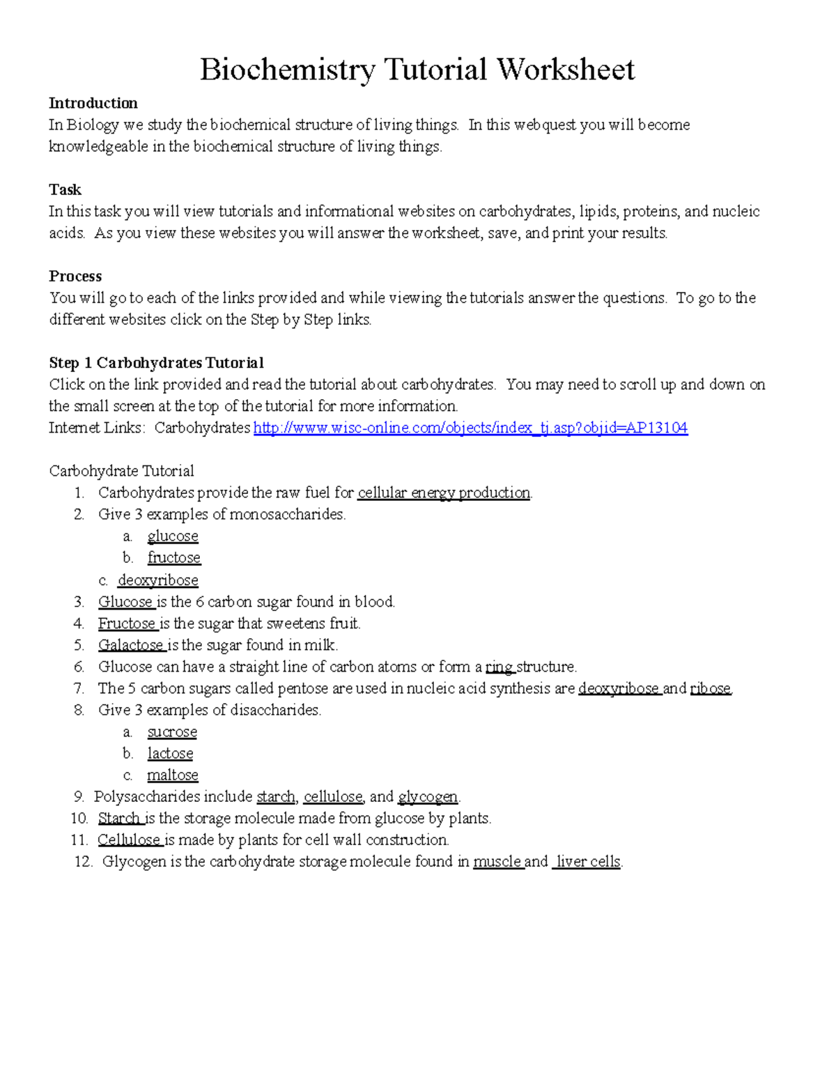 Biochemistry Tutorial Worksheet - Biochemistry Tutorial Worksheet ...