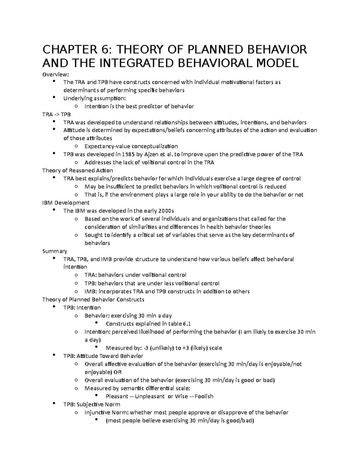 Ch 6 - lecture notes - CHAPTER 6: THEORY OF PLANNED BEHAVIOR AND THE ...