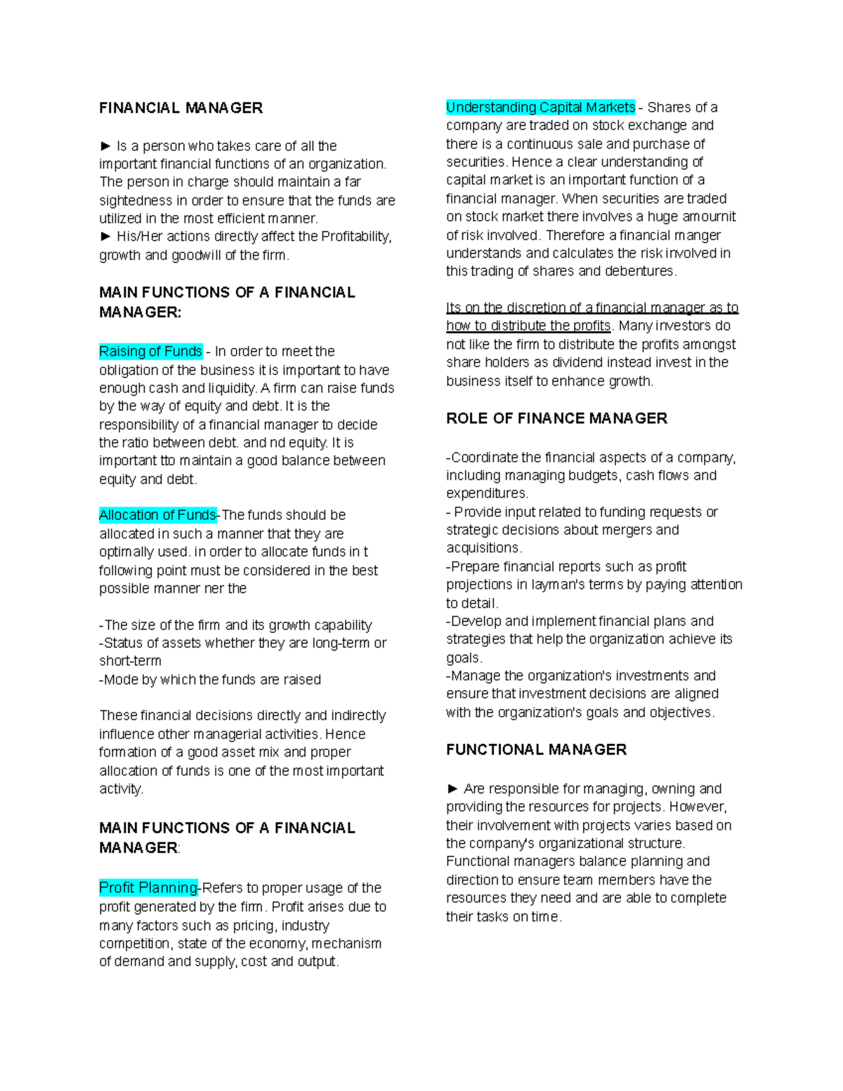 Financial M. - FINANCIAL MANAGER Is a person who takes care of all the ...