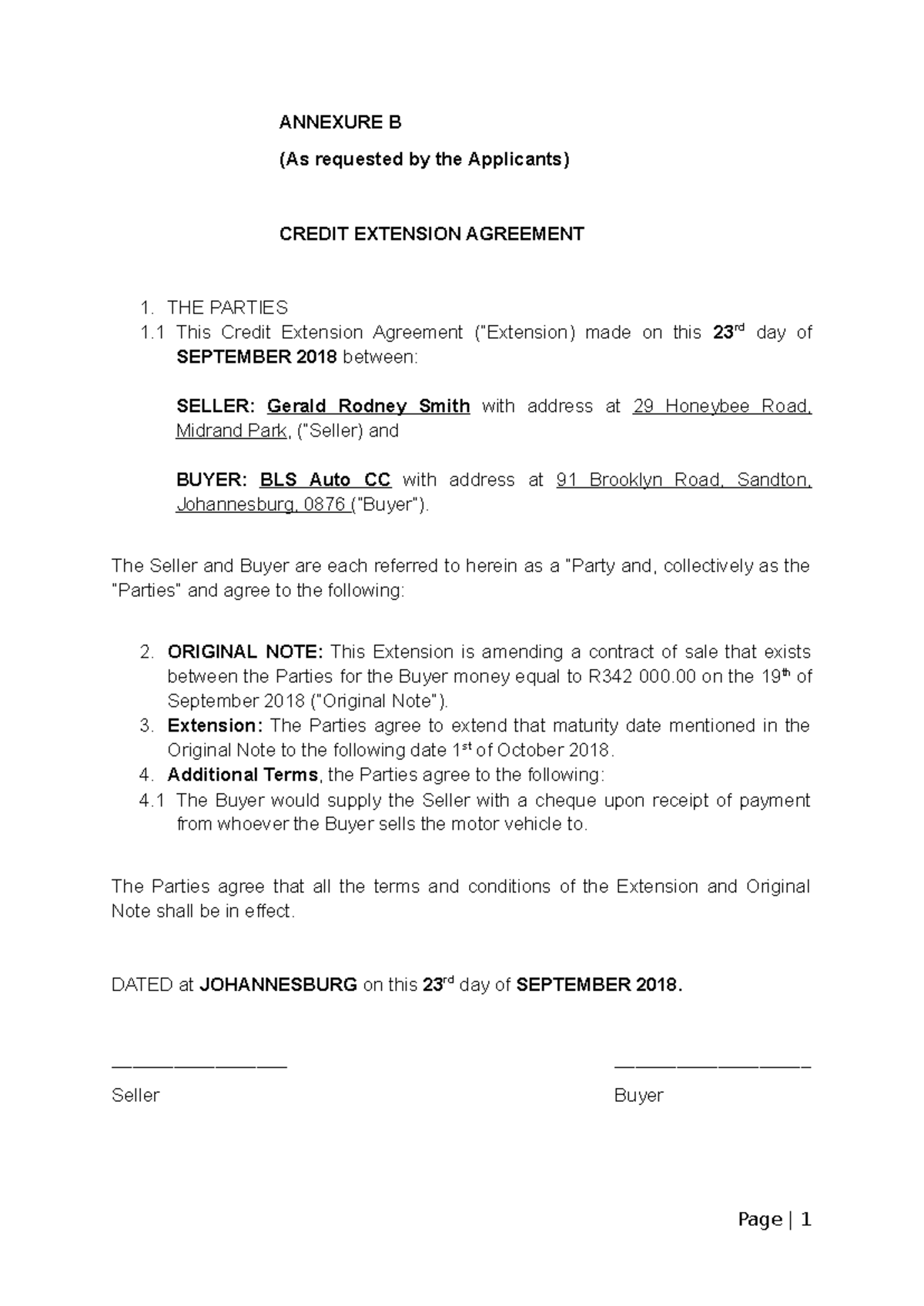 Credit Extension Agreement - The Seller and Buyer are each referred to ...