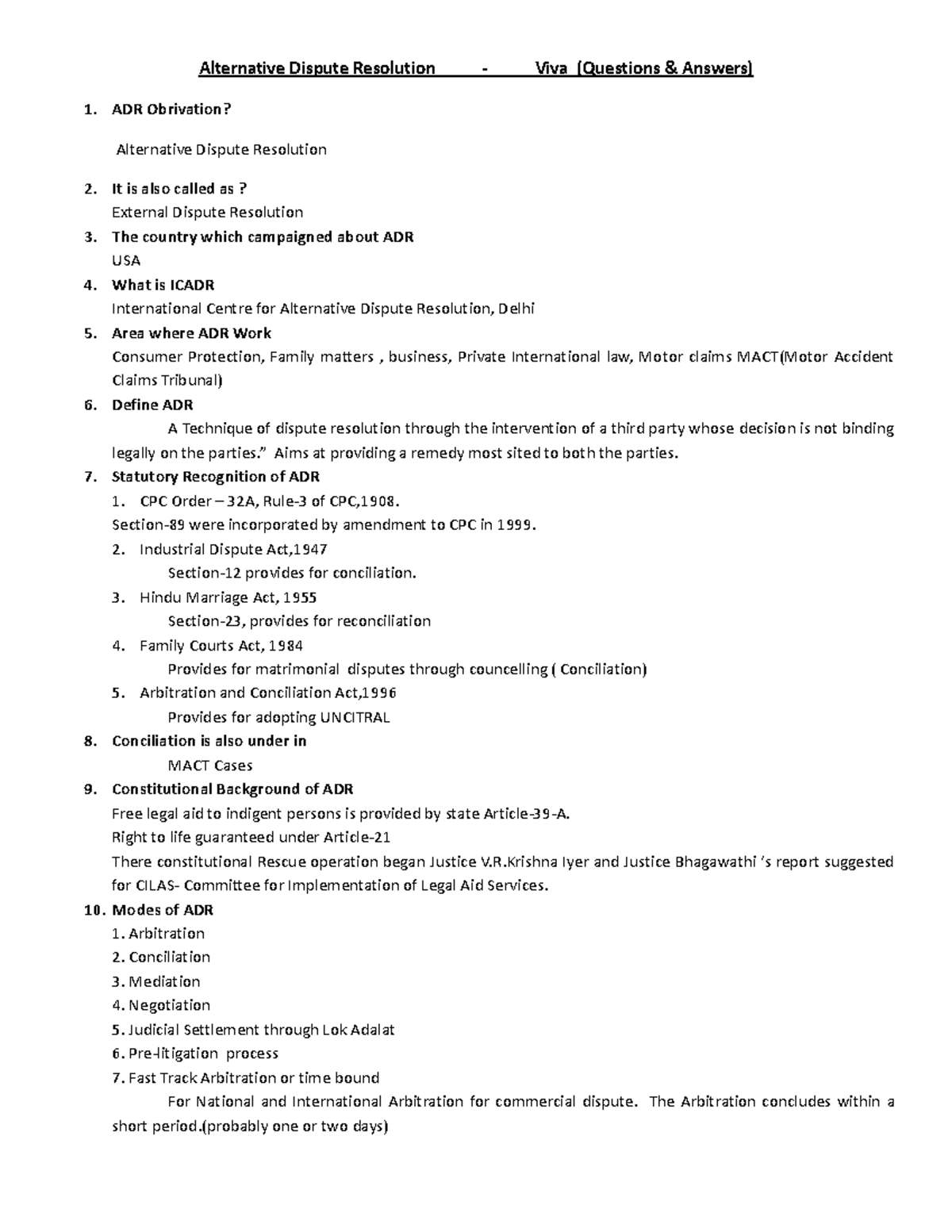 ADR Viva Questions and Answers - Alternative Dispute Resolution - Viva (Questions & Answers) ADR ...