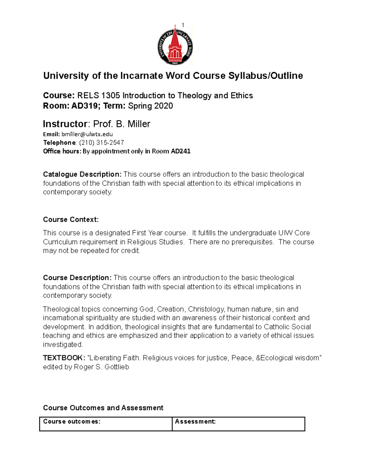 RELS 1305 Intro to Theology Spring 2020 A - University of the Incarnate ...