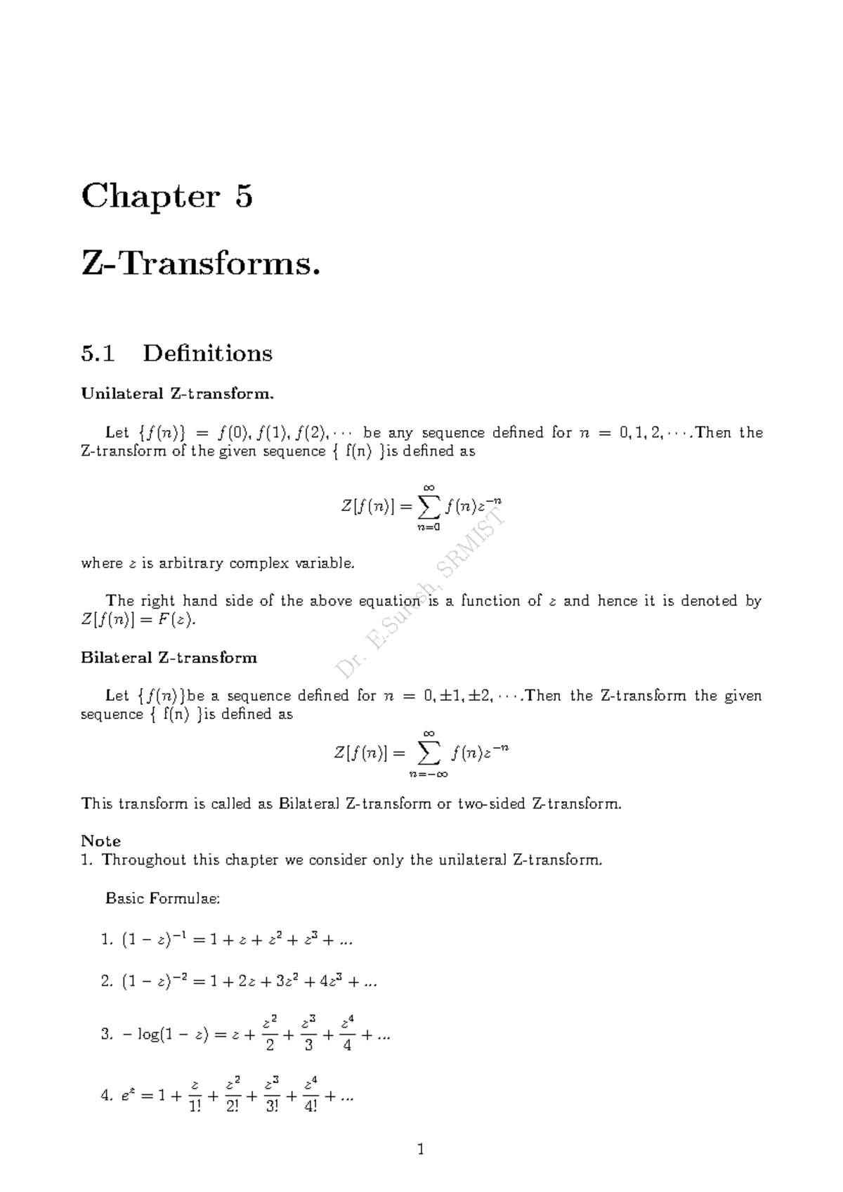 Z-transforms 2014 - Unit 5 notes - Dr. E, SRMIST Chapter 5 Z-Transforms ...