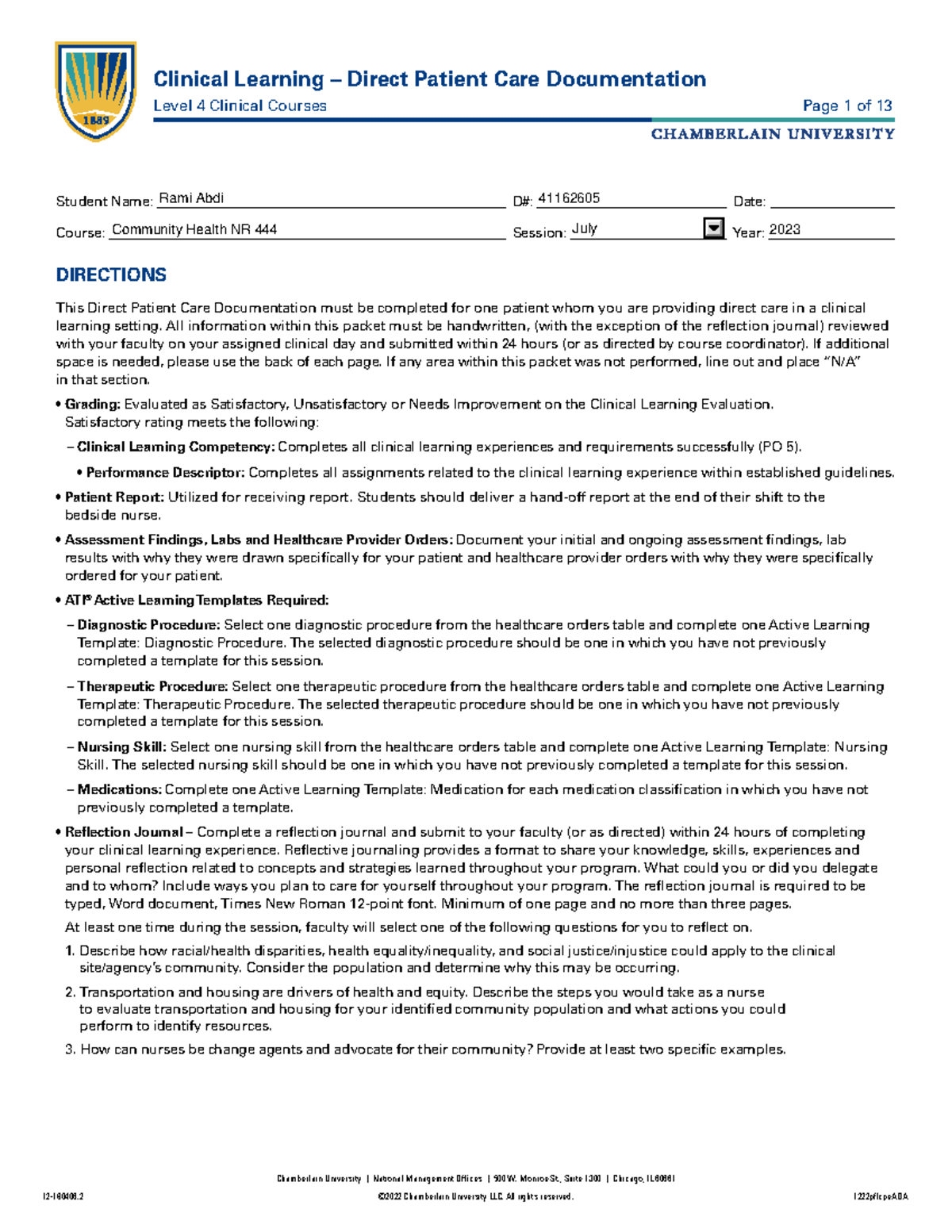 DPC week 6 - Direct patient care documentation - Chamberlain University ...