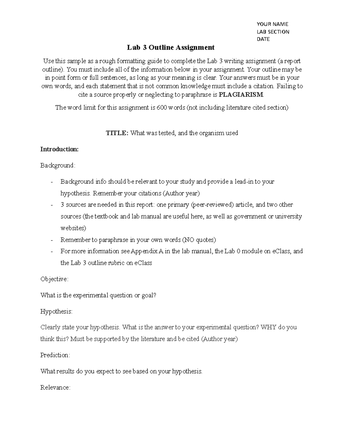 Bio 108 Lab 3 Outline Sample for students-2 - YOUR NAME LAB SECTION ...
