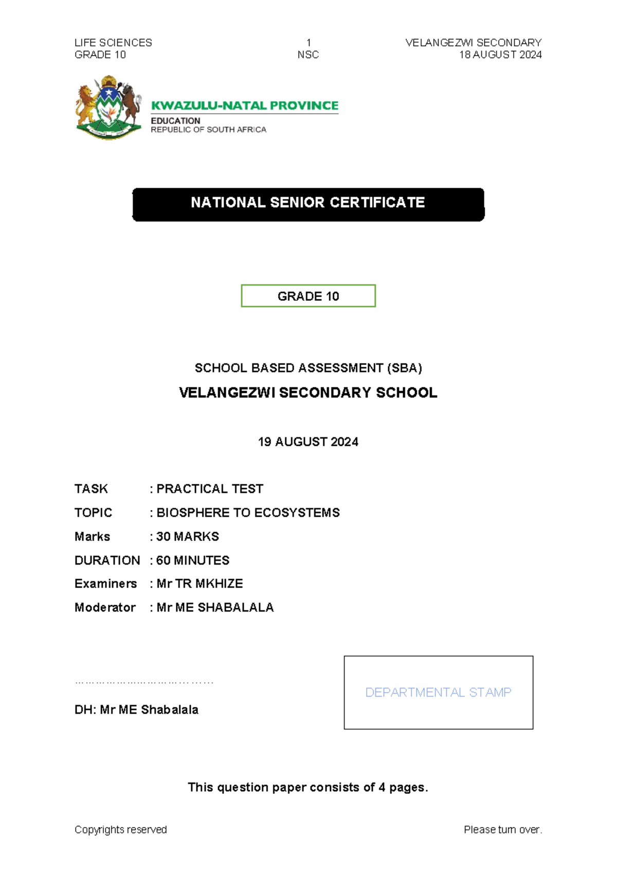 SBA TERM 3 Question Paper - GRADE 10 NSC 18 AUGUST 2024 SCHOOL BASED ...
