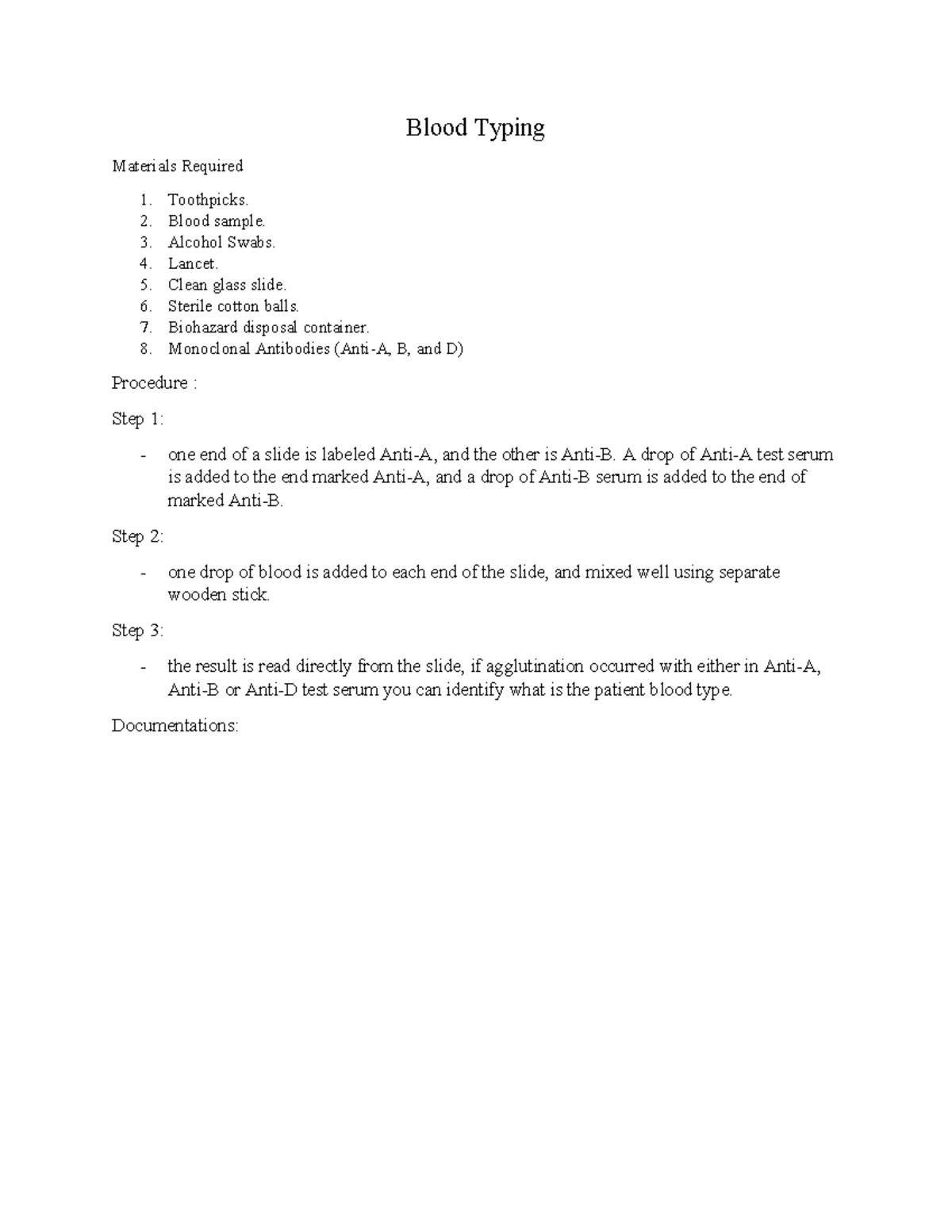 Blood Typing - Blood Typing Materials Required 1. Toothpicks. 2. Blood ...