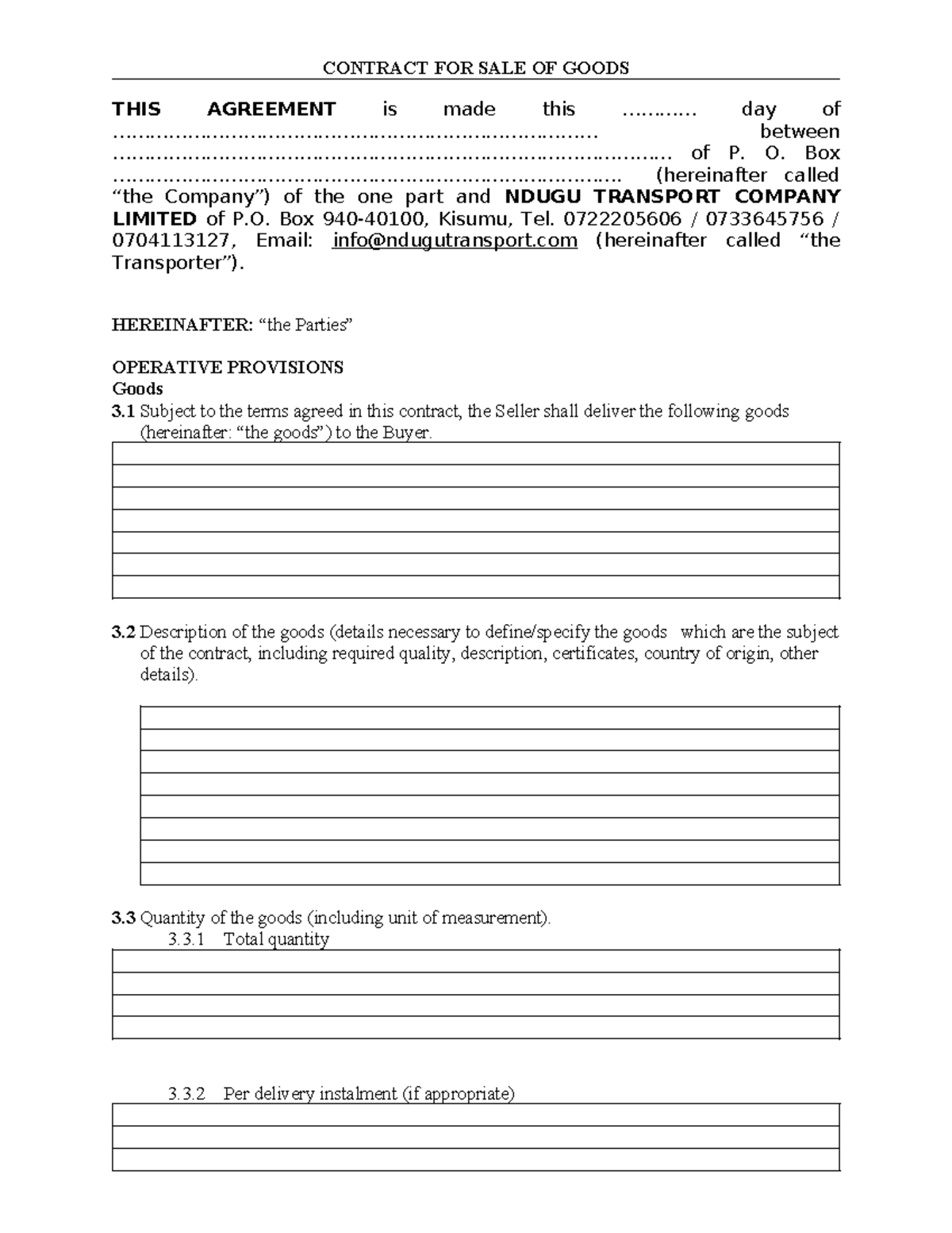 Ndugu Transport SALE OF Goods Agreement 2 - CONTRACT FOR SALE OF GOODS ...