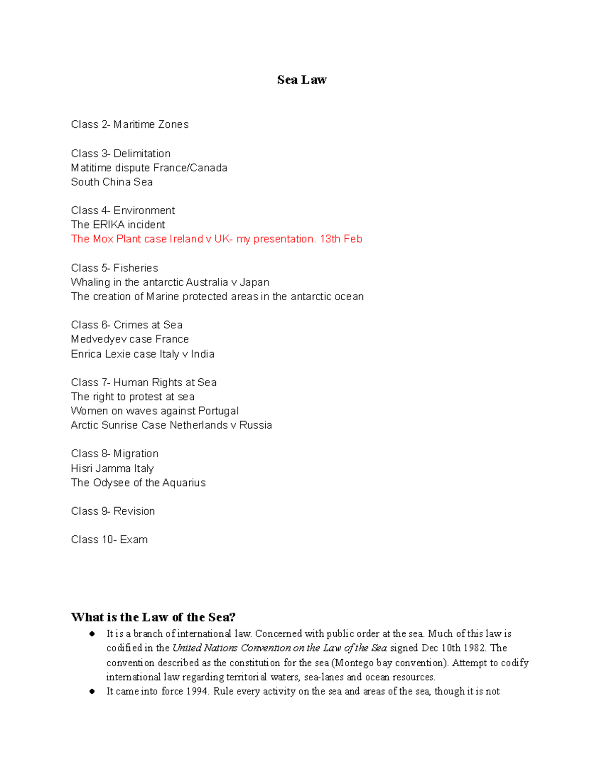 Shipping Law lecture notes - Sea Law Class 2- Maritime Zones Class 3 ...