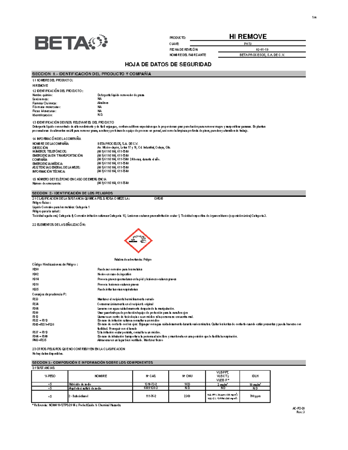 Detergente Líquido Removerdor DE Grasa HI Remove → GHS - PRODUCTO ...