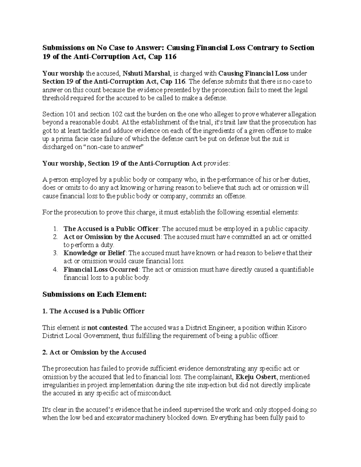 Submissions on prima facie case - Submissions on No Case to Answer ...