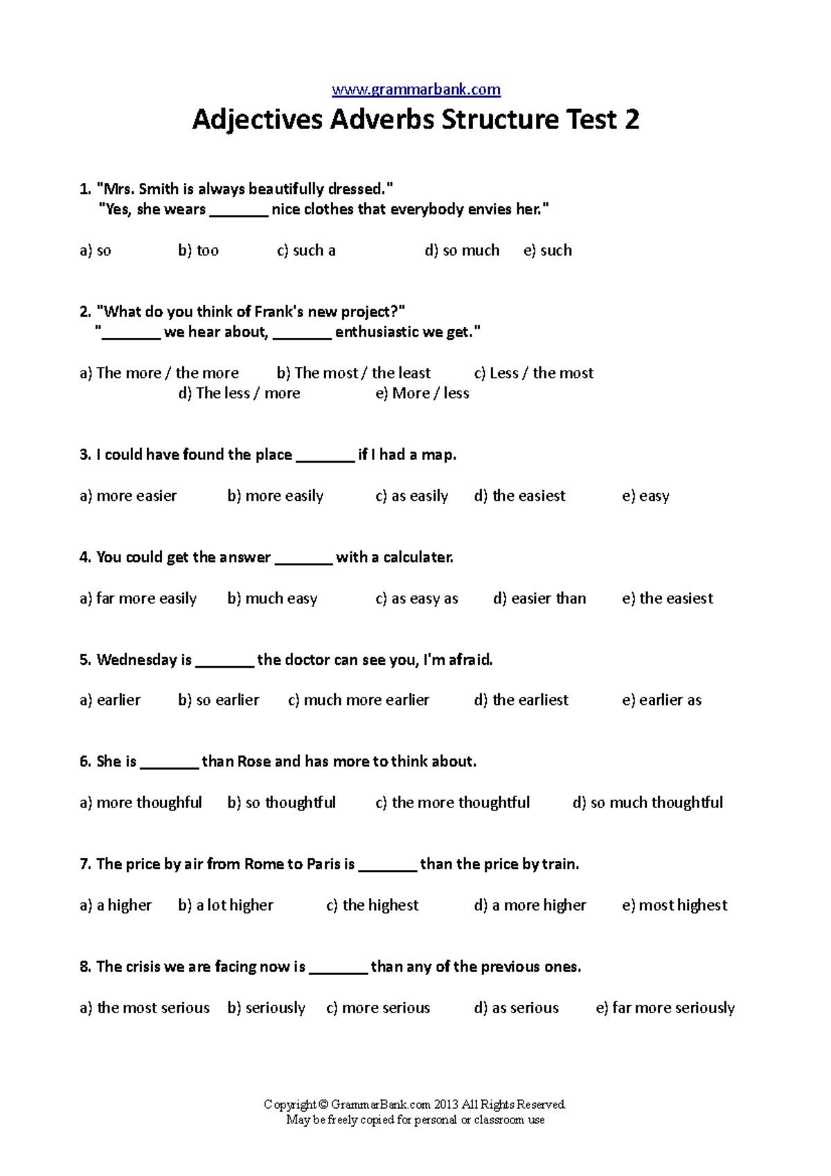 Adjectives adverbs structure quiz 2 - grammarbank Adjectives Adverbs ...