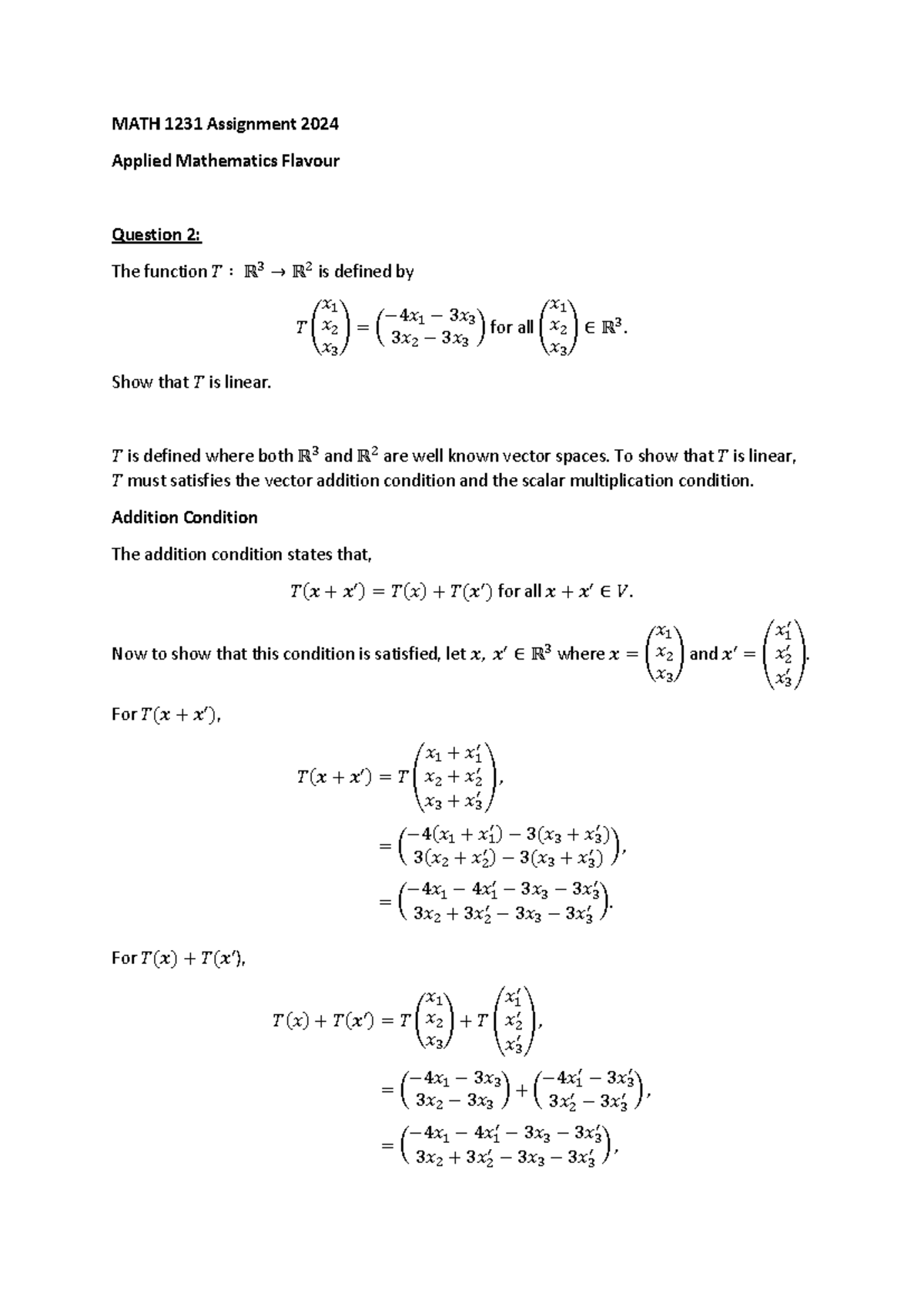 MATH 1231 Assignment 2024 - MATH 1231 Assignment 2024 Applied Mathematics Flavour Question 2 ...