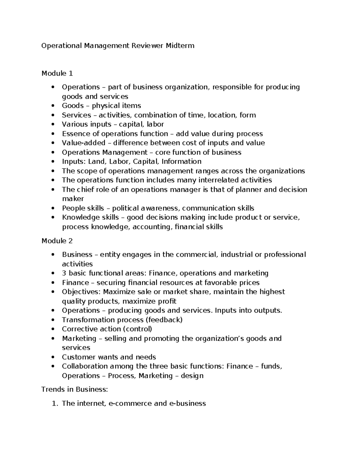 Operational Management Reviewer Midterm - Inputs into outputs ...