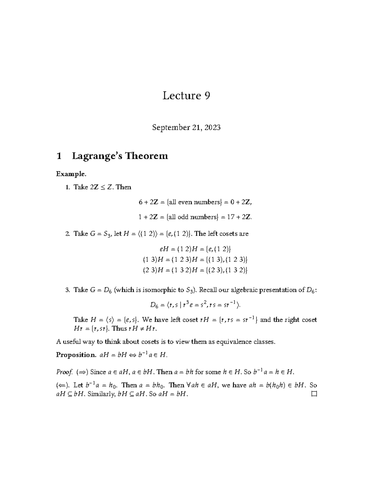 Lecture 9 - Lecture 9 September 21, 2023 1 Lagrange’s Theorem Example ...