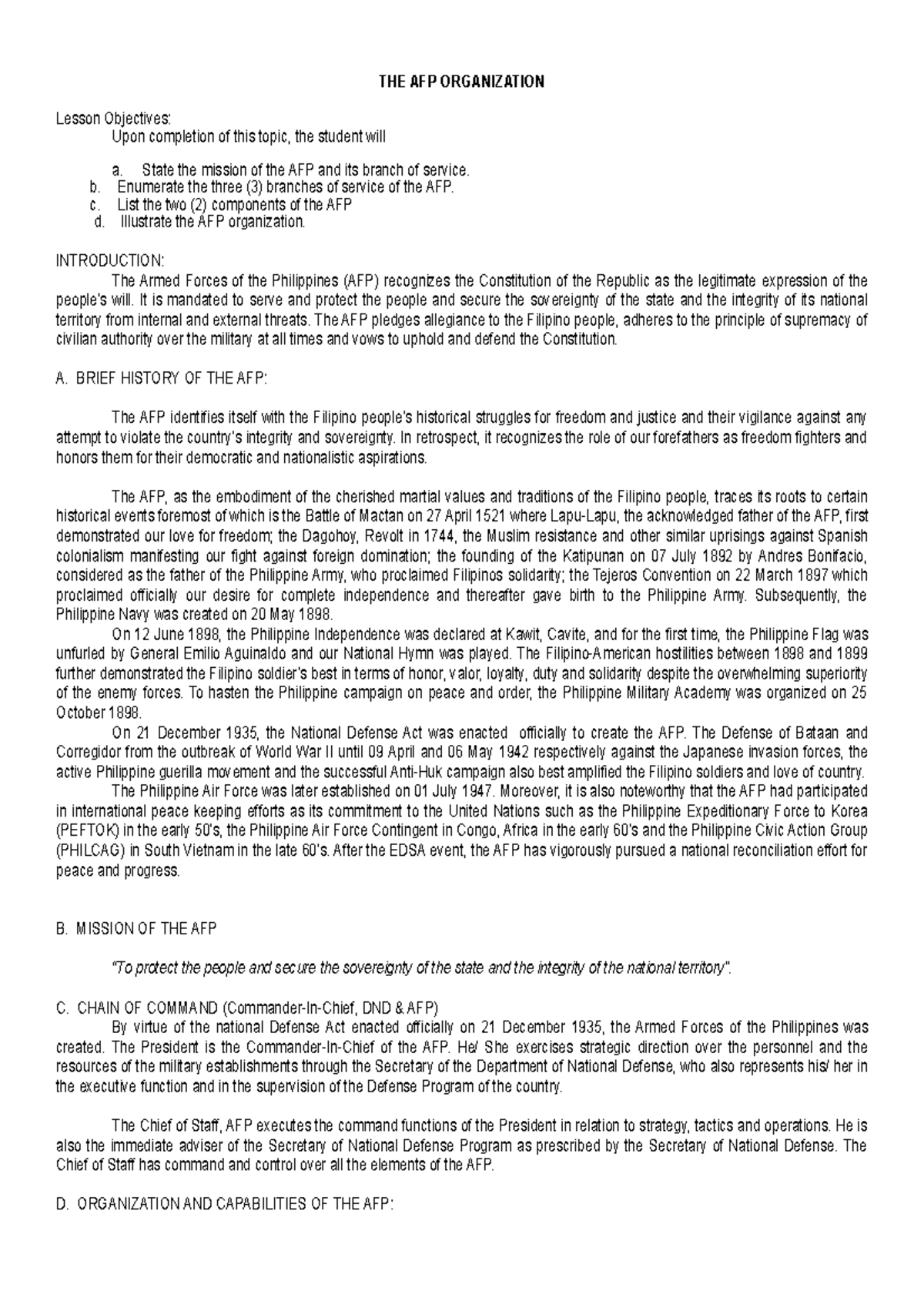 Naval ROTC AFP Guidelines - THE AFP ORGANIZATION Lesson Objectives ...