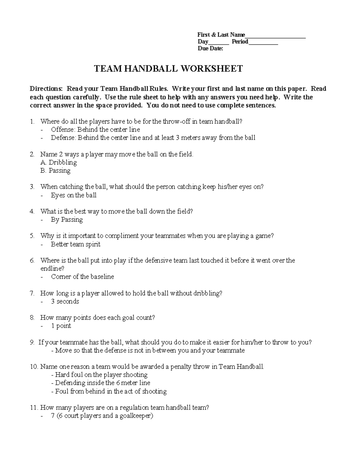 Team Handball Worksheet 1-Answers - First & Last Name ...