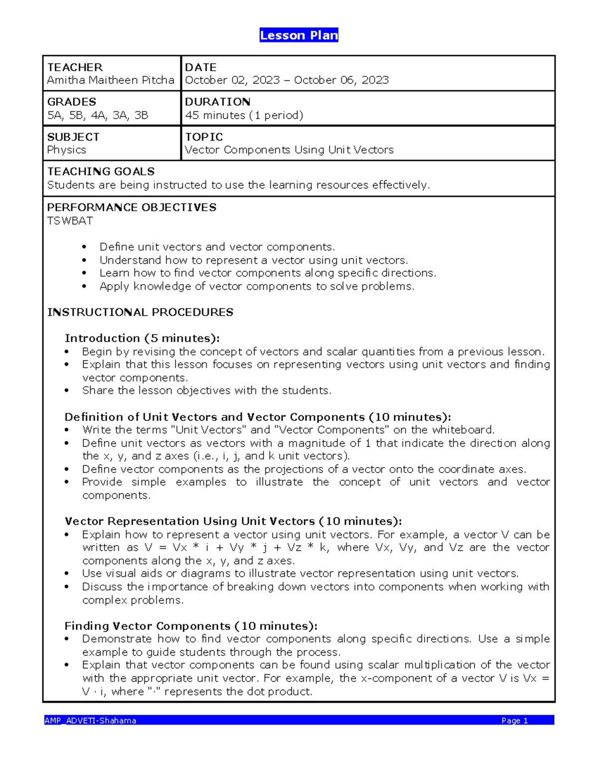 Session Plan Physics AMP Week 5 Period 3 - Lesson Plan TEACHER Amitha ...