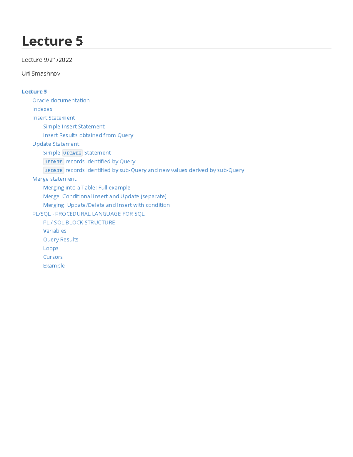 5 Index Update Plsql Lecture 5 Lecture 921 Uri Smashnov Lecture 5