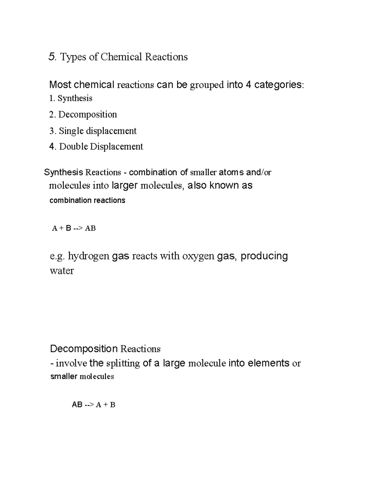 1A 5.1 Synthesis Decomposition Note - 5. Types of Chemical Reactions ...