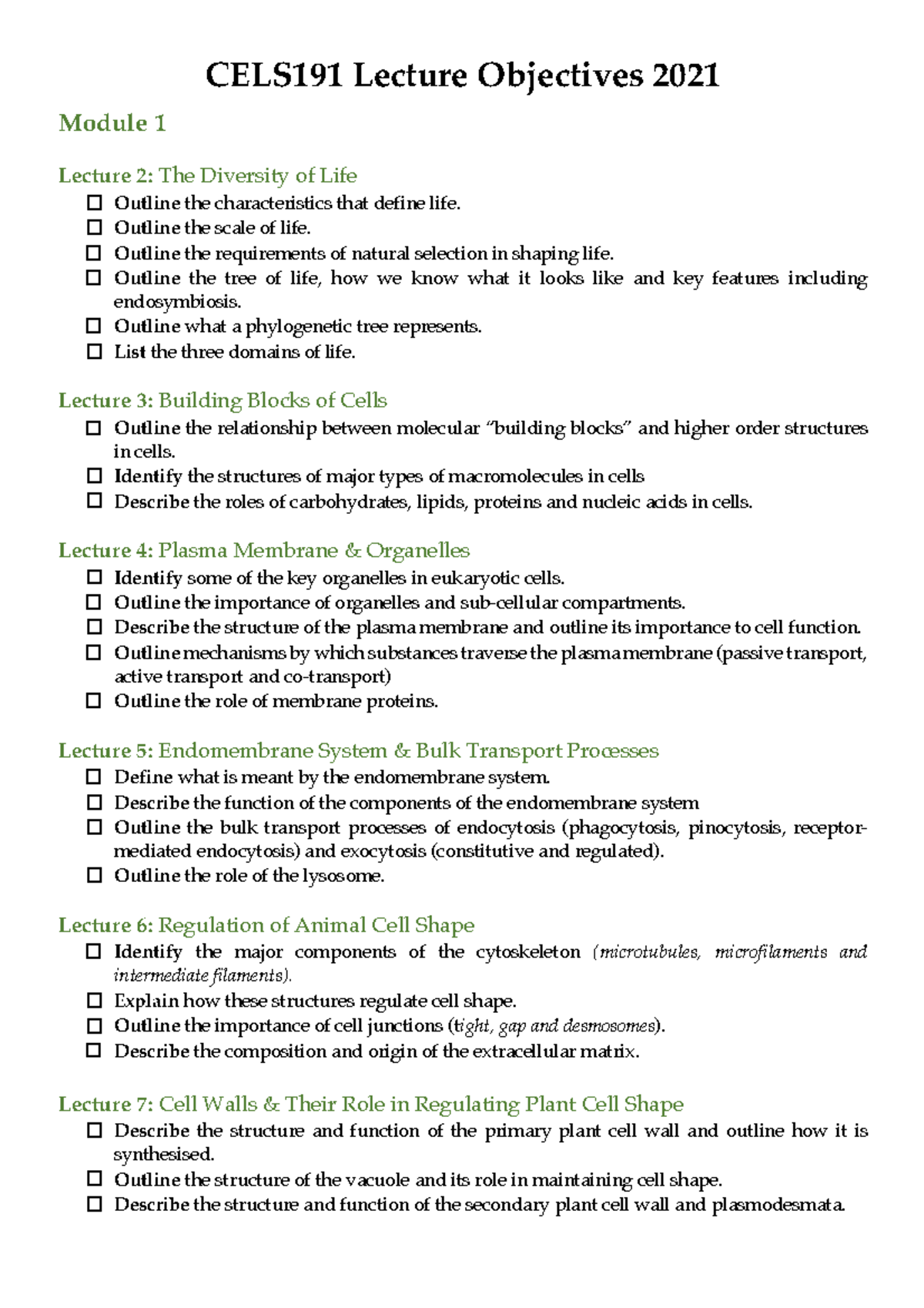A summary of CELS191 Lecture Objectives 2021 - CELS191 Lecture Objectives 2021 Module 1 Lecture ...