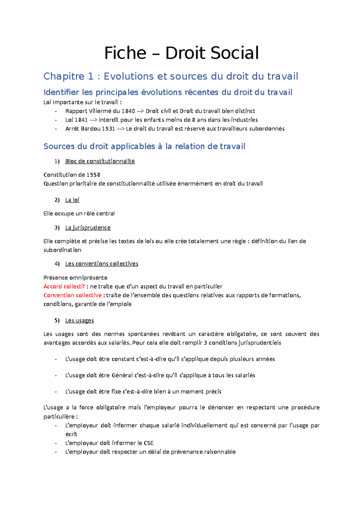 Fiche - Droit Social - Fiche – Droit Social Chapitre 1 : Evolutions et ...