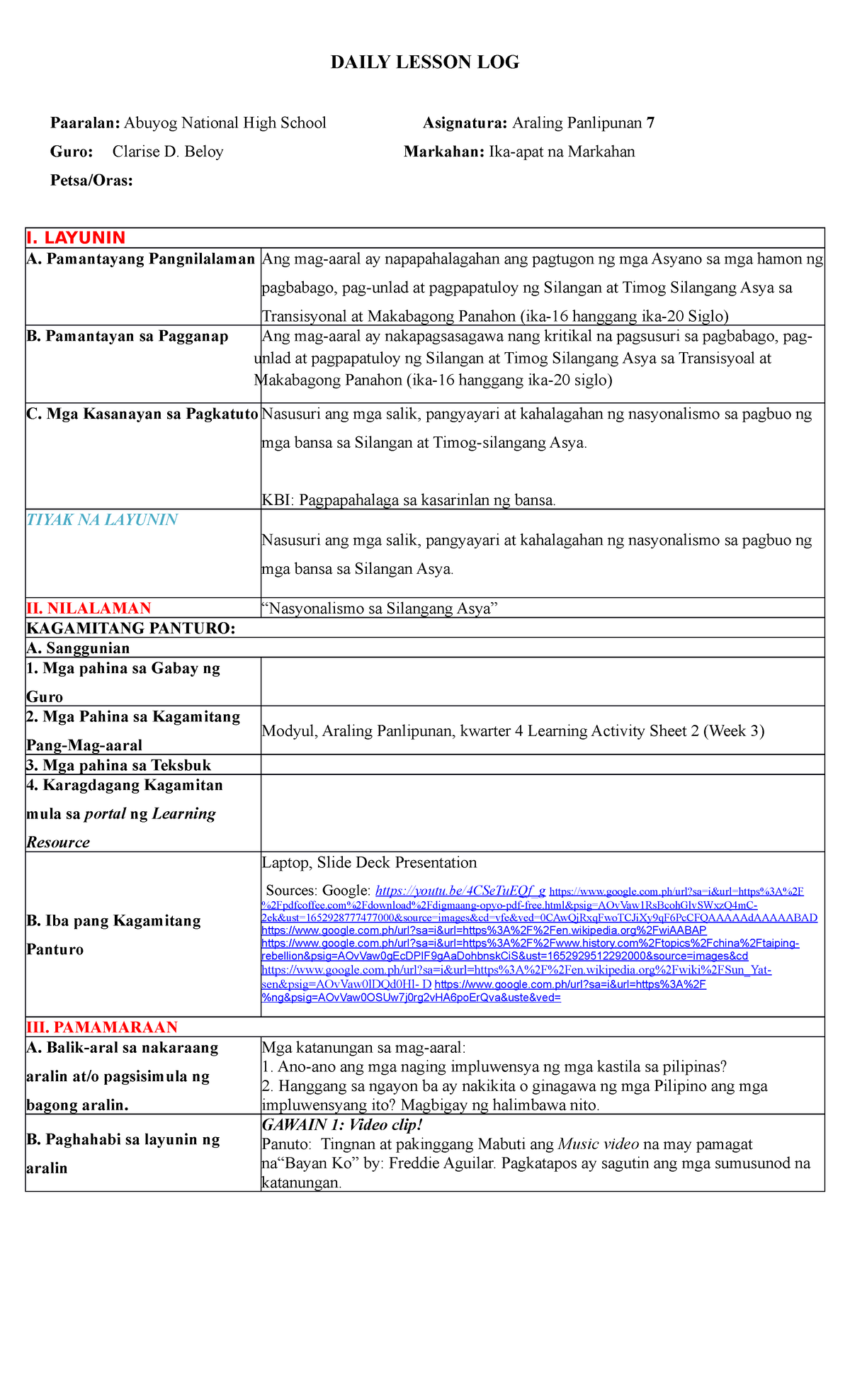 Lesson Plan Nasyonalismo G7 - DAILY LESSON LOG Paaralan: Abuyog ...
