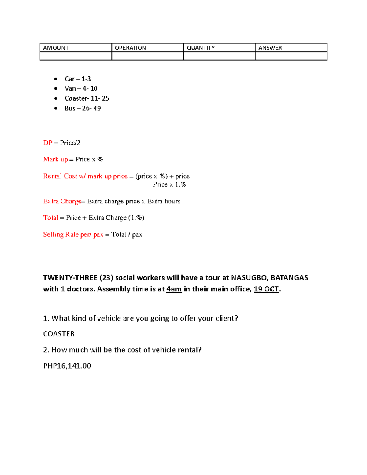Patto - ....... - AMOUNT OPERATION QUANTITY ANSWER • Car – 1 - 3 • Van ...
