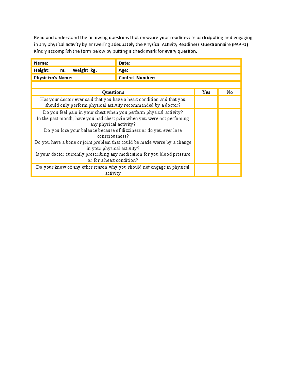 PAR-Q (Physical Activity Readiness Questionnaire) - Read and understand ...