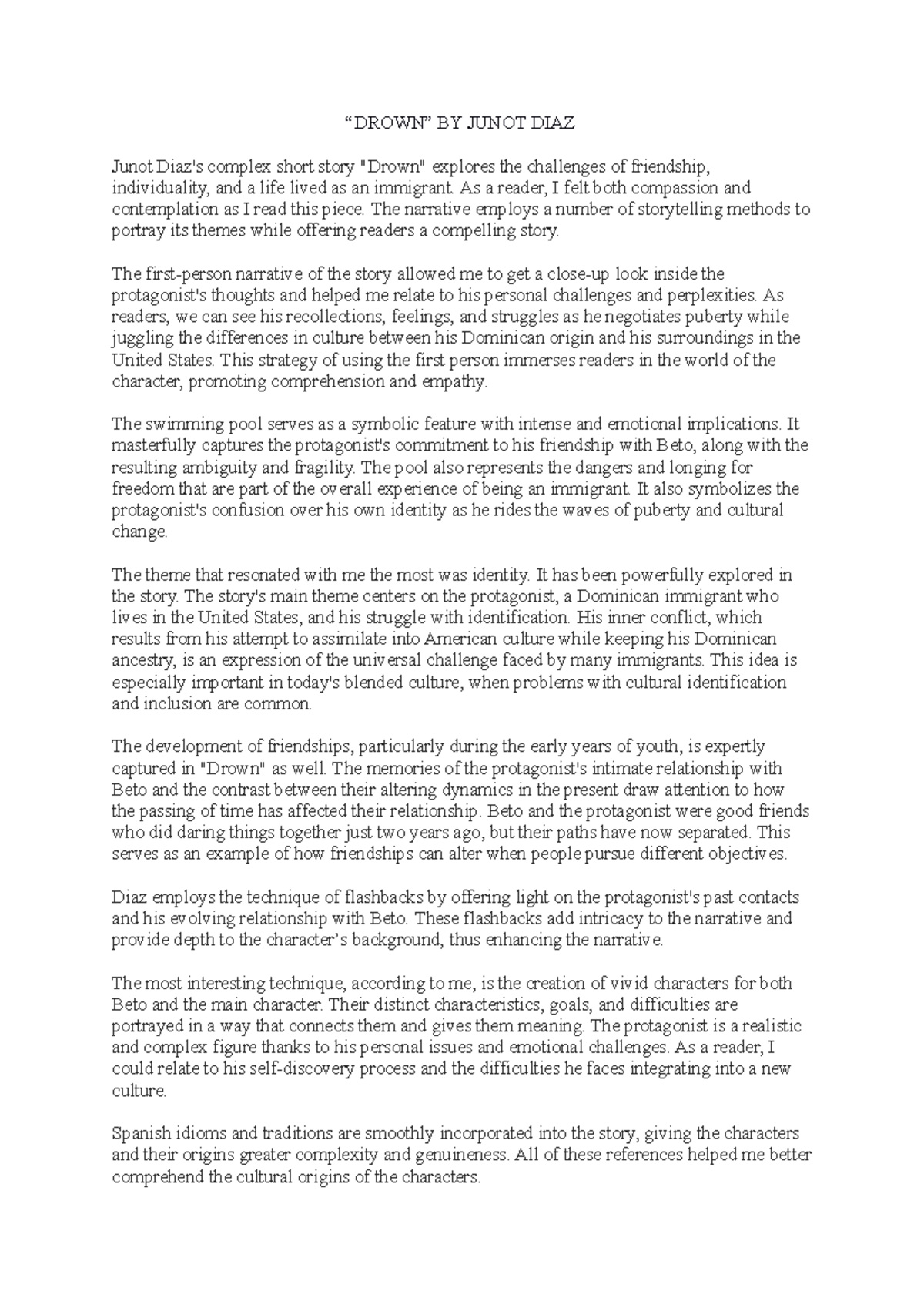 Reading response of DROWN - “DROWN” BY JUNOT DIAZ Junot Diaz's complex ...