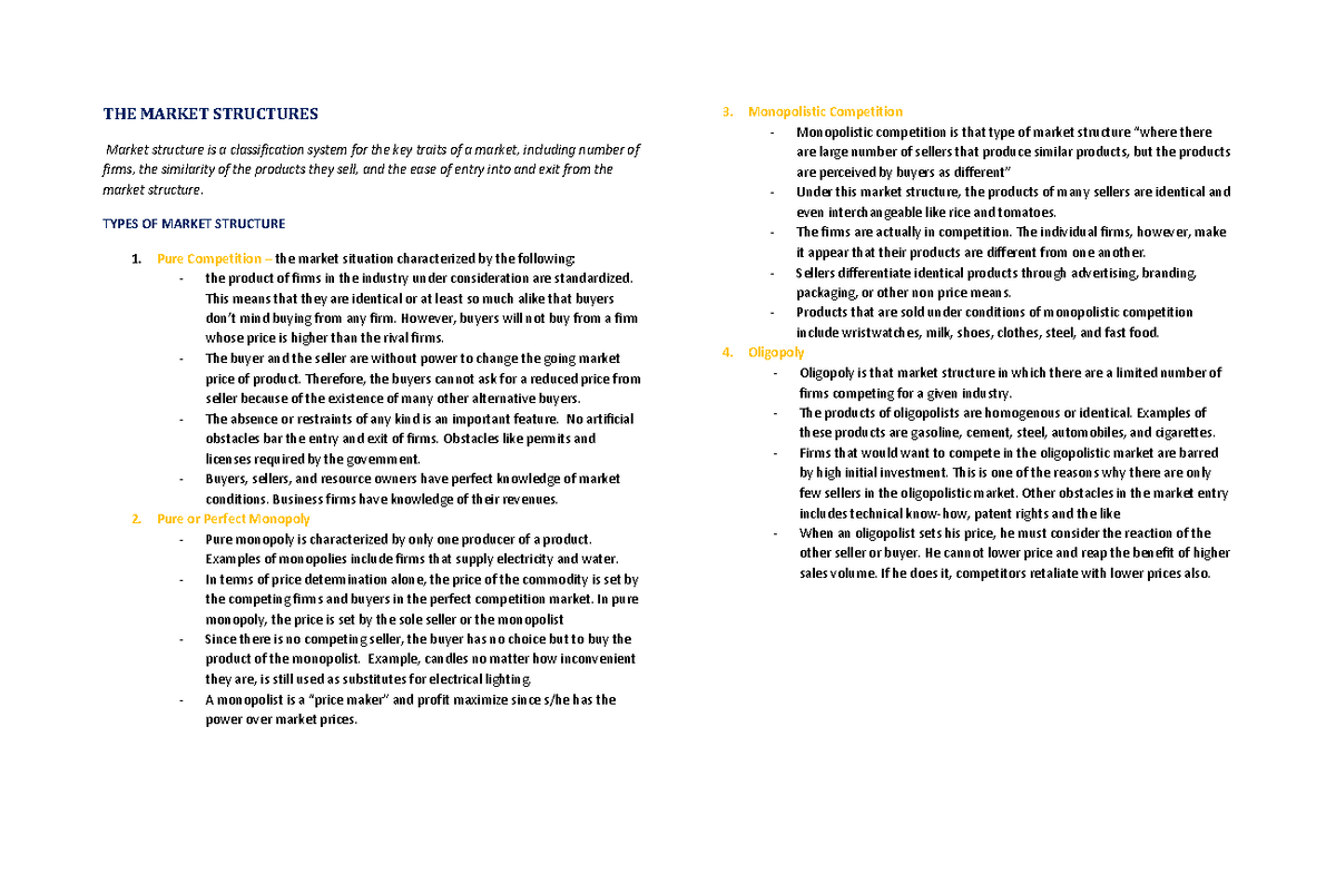Market Structure- Study Material - THE MARKET STRUCTURES Market ...