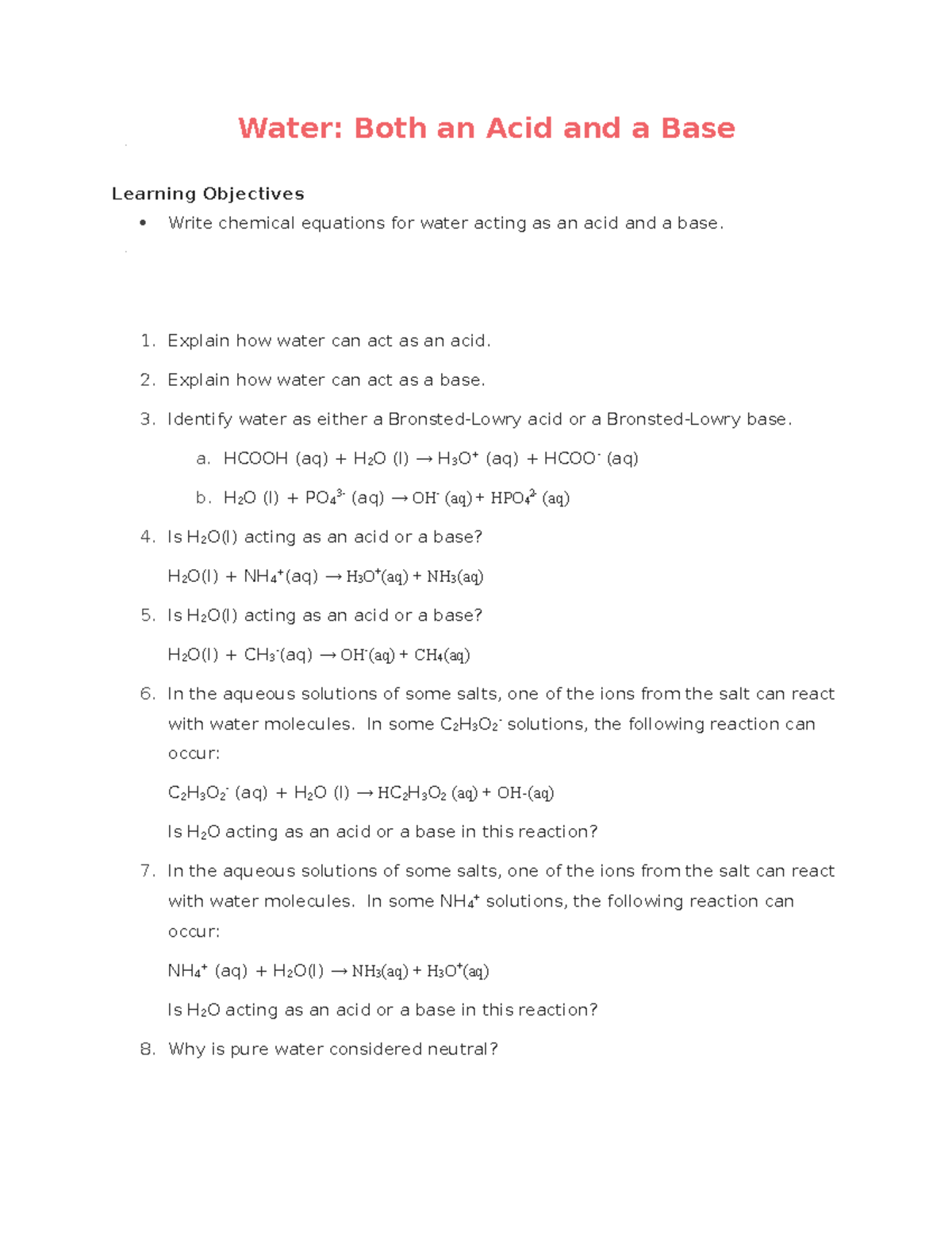 Section 10.3 Worksheet - Water: Both an Acid and a Base Learning ...