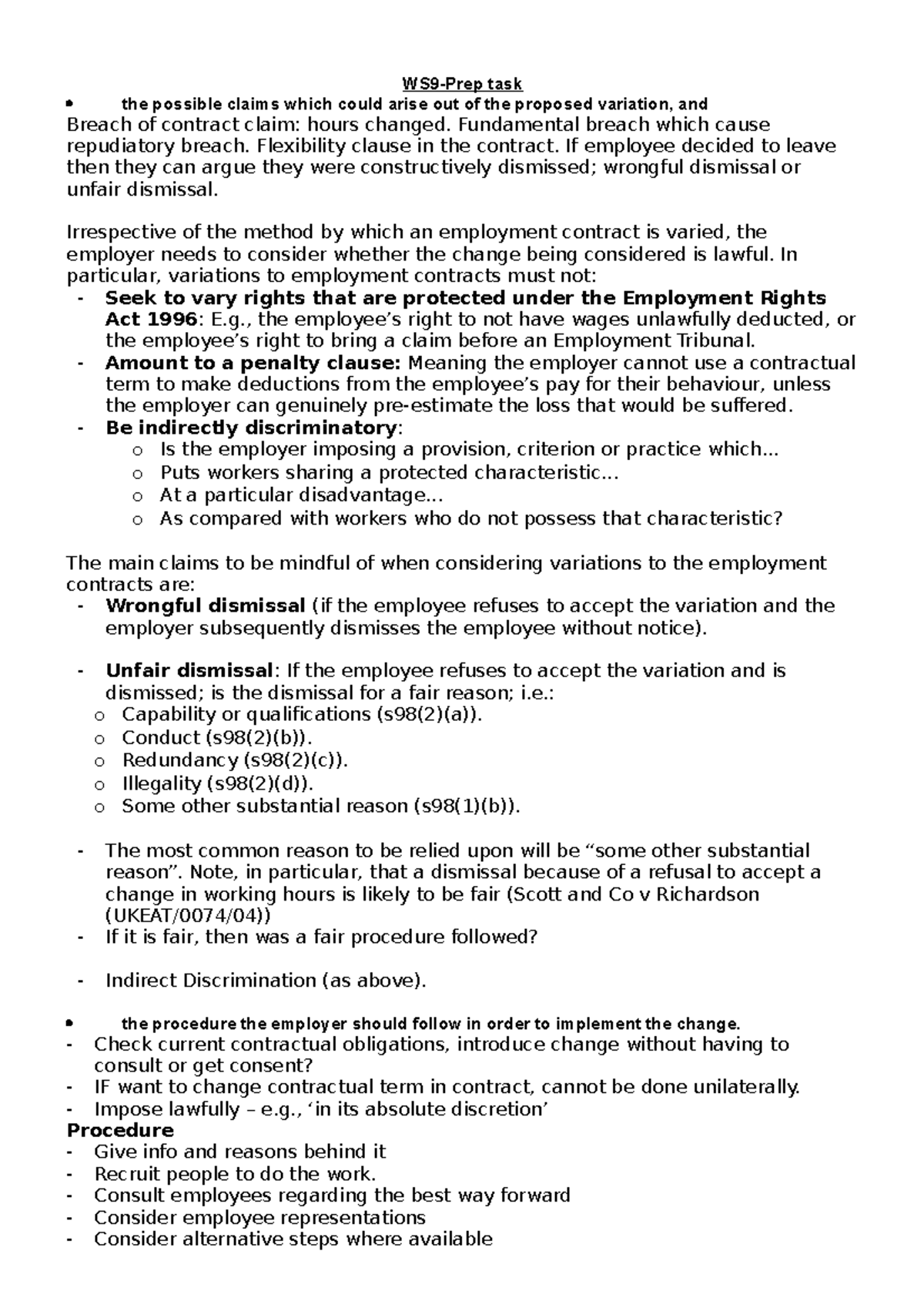 Employment law and practice- Workshop 9 - WS9-Prep task the possible ...