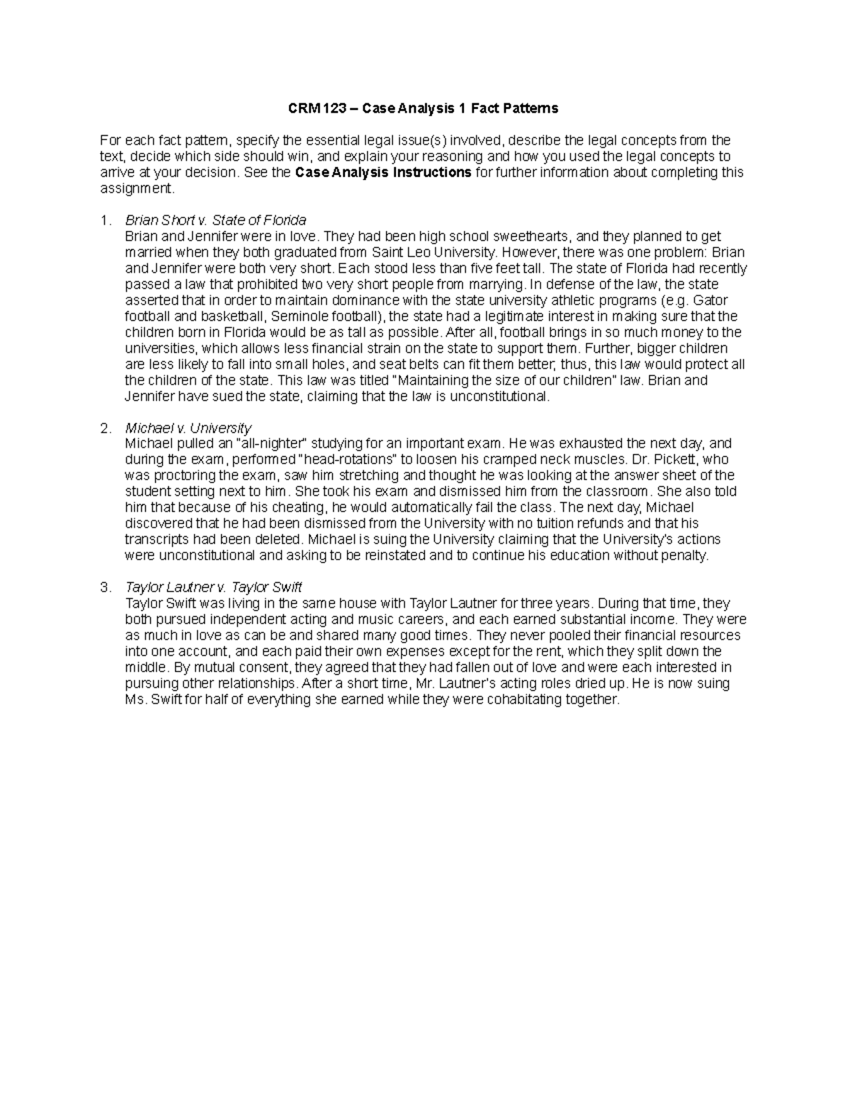 CRM123 Fact Pattern 1 2 copy - CRM 123 – Case Analysis 1 Fact Patterns ...