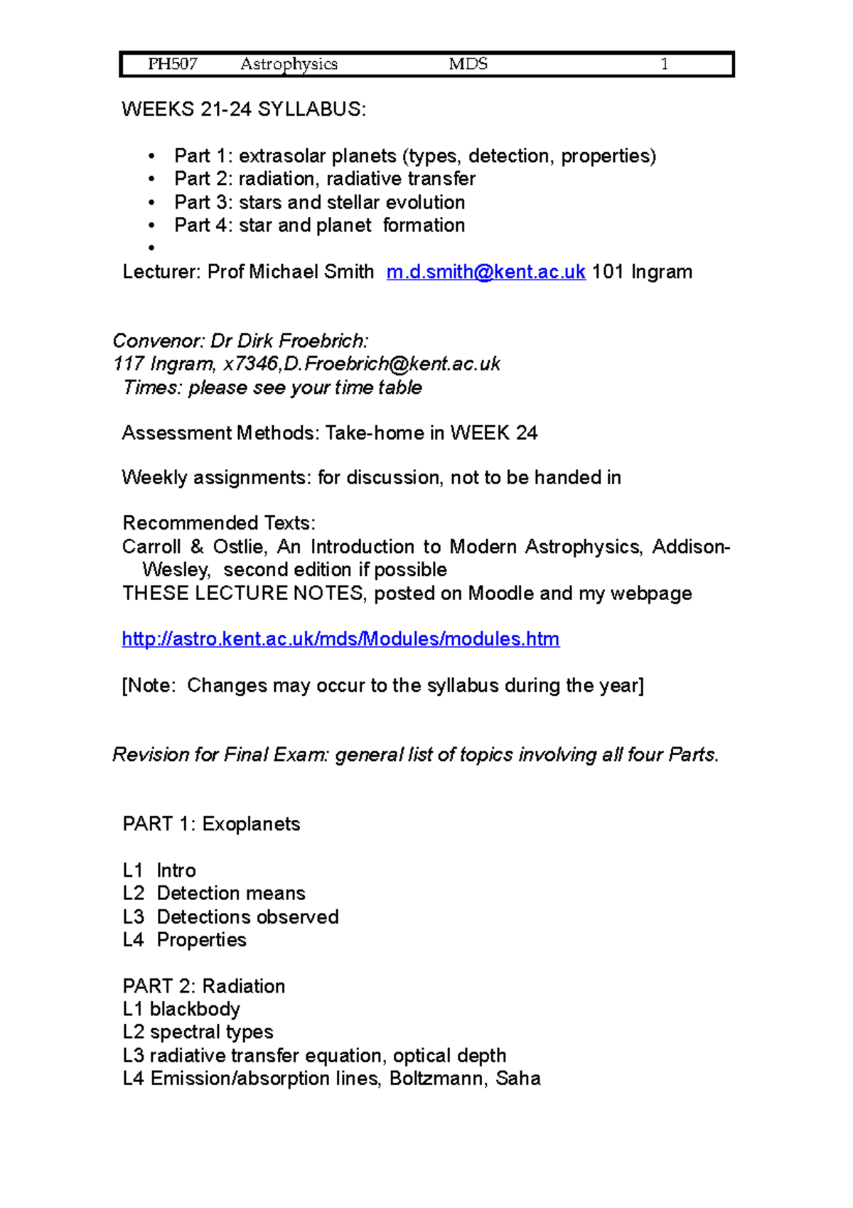 Syllabus - PH507 Astrophysics MDS 1 WEEKS 21-24 SYLLABUS: Part 1 ...