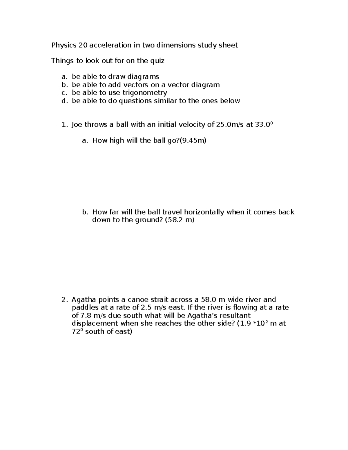 Physics 20 acceleration in two dimensions study sheet - be able to draw ...