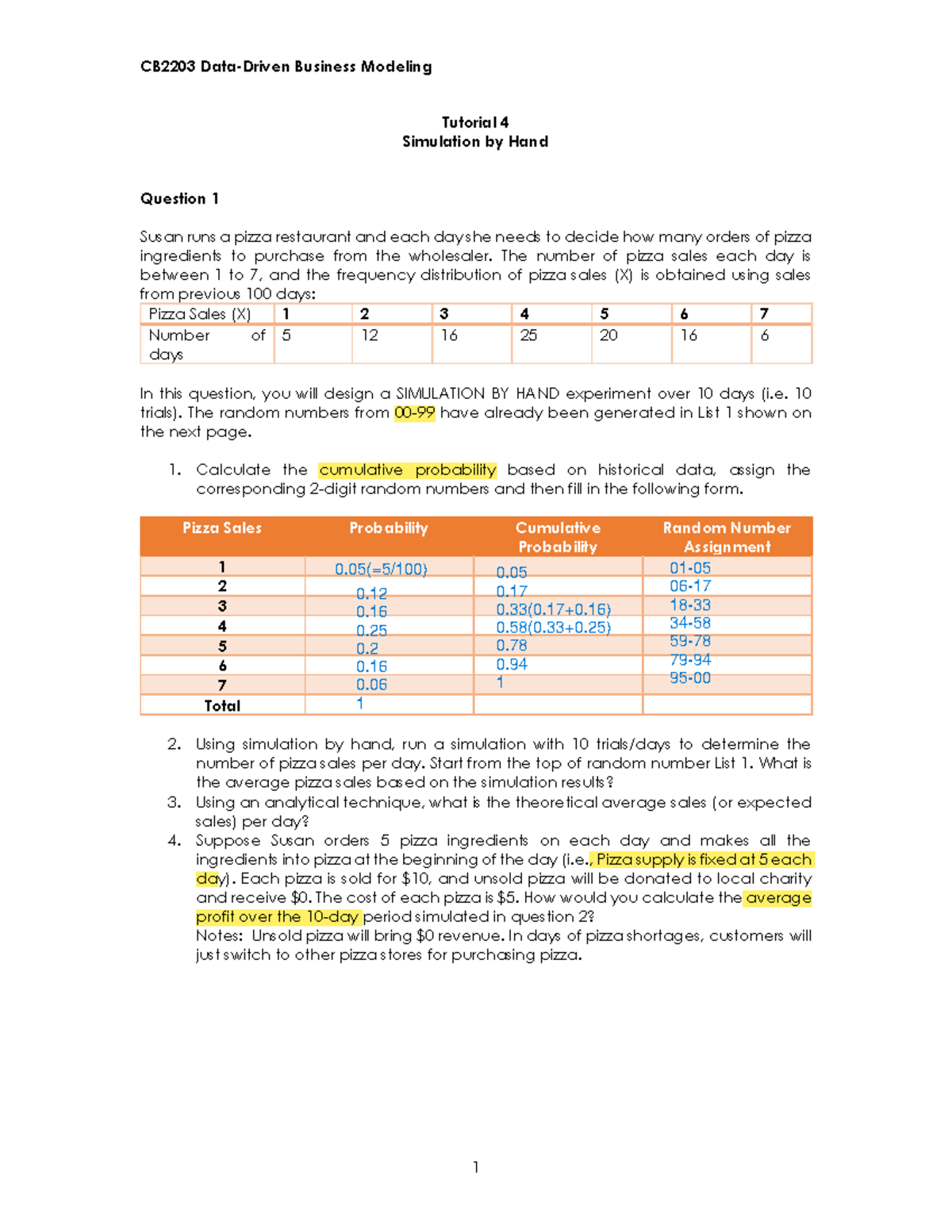 Tutorial 4 Simulation by Hand 2 - Tutorial 4 Simulation by Hand Question 1 Susan runs a pizza ...