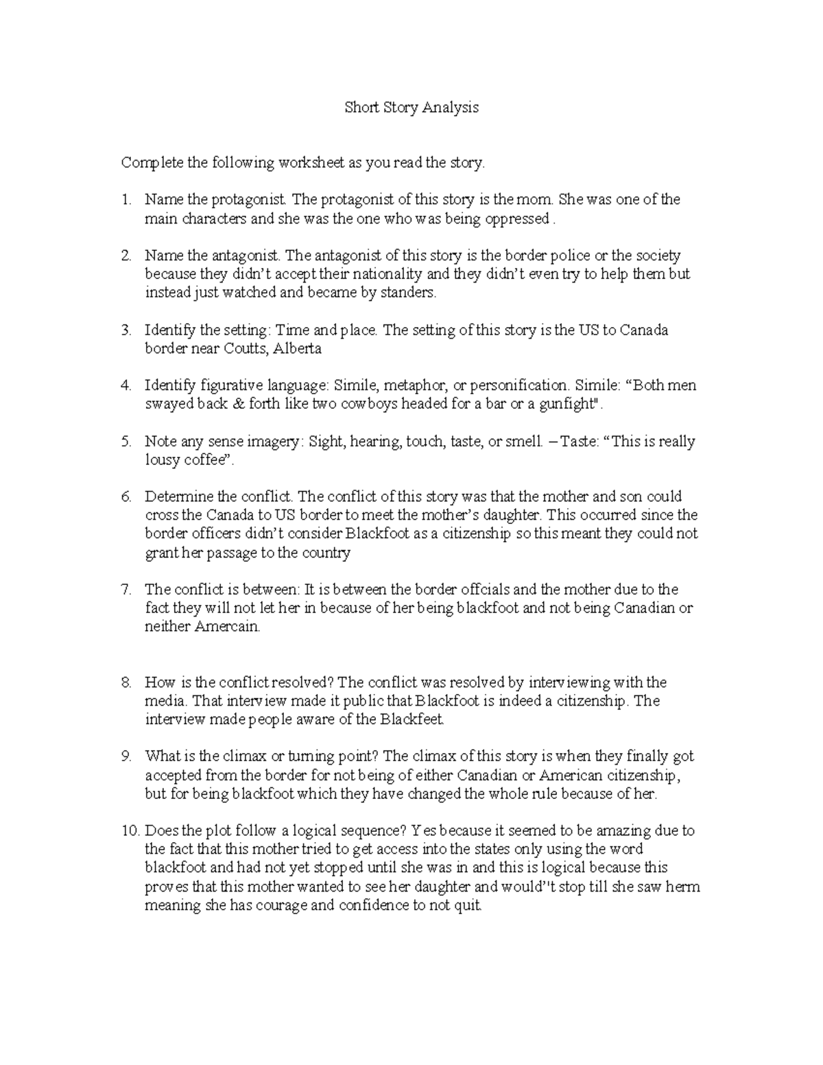 Short Story Analysis - Short Story Analysis Complete the following ...