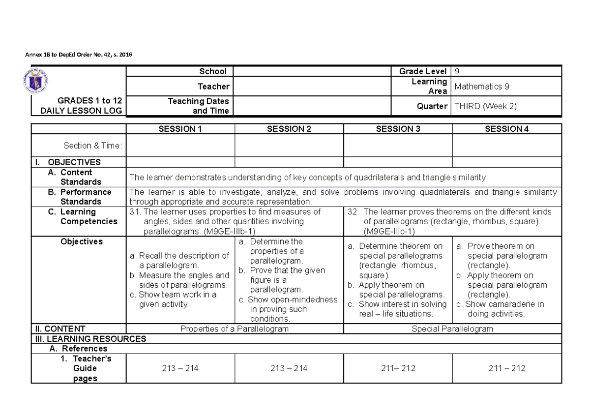 DLL-2nd-week 7-12 - Lesson Log for Grade 9 Mathematics Quarter 3. It ...