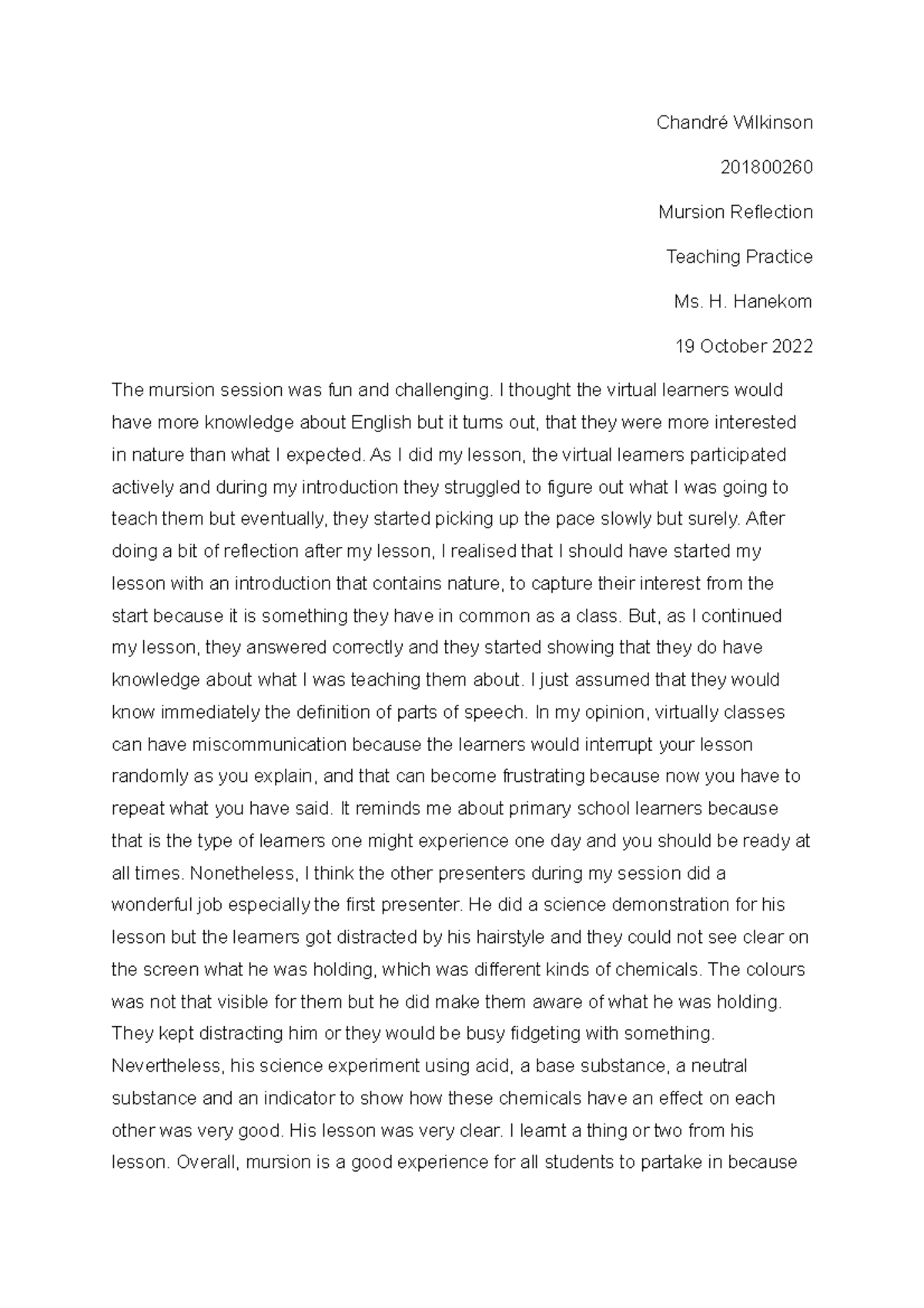 Reflection Mursion - Notes - Chandré Wilkinson 201800260 Mursion ...