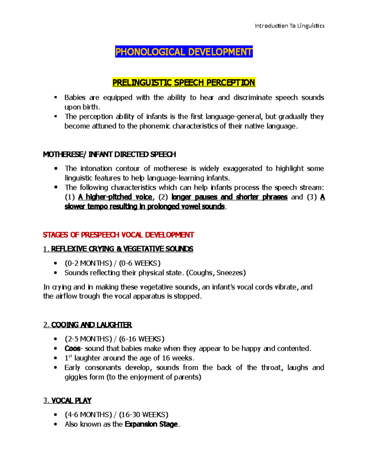 Introduction to Linguistic Phonological Development Prelinguistic Speech Perception ...