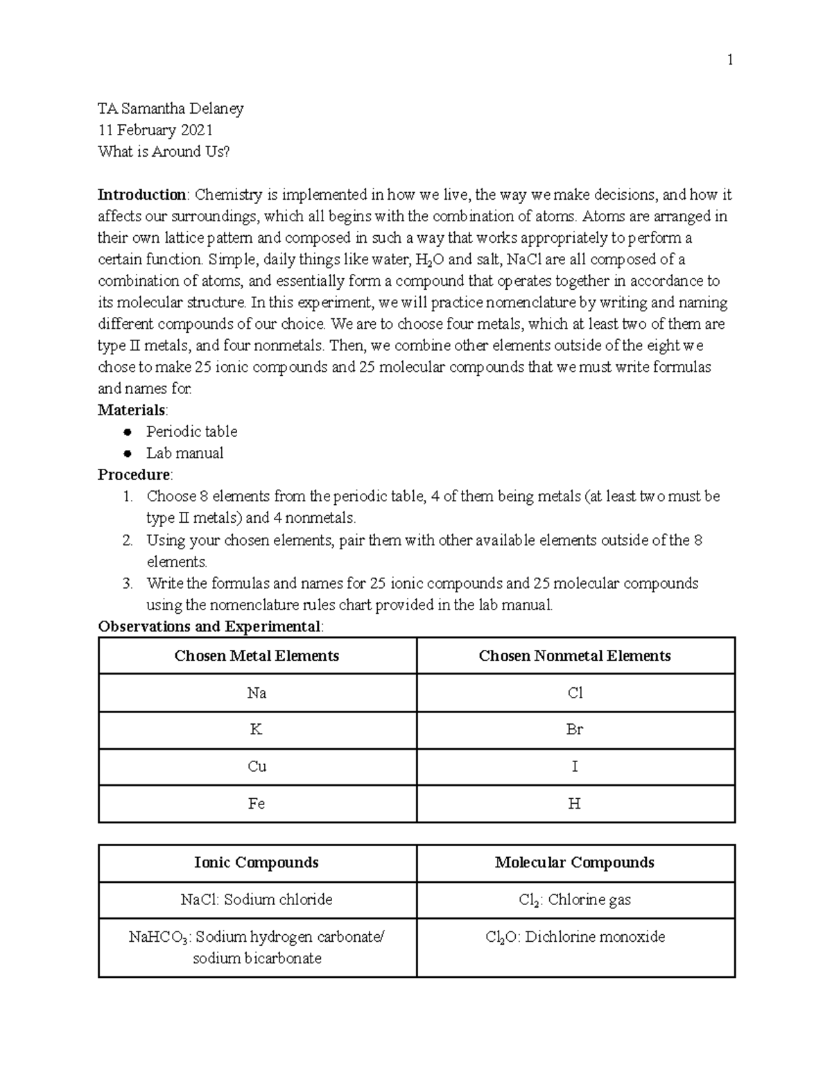 CHEM 106-06 LAB 1 - Lab report - TA Samantha Delaney 11 February 2021 ...
